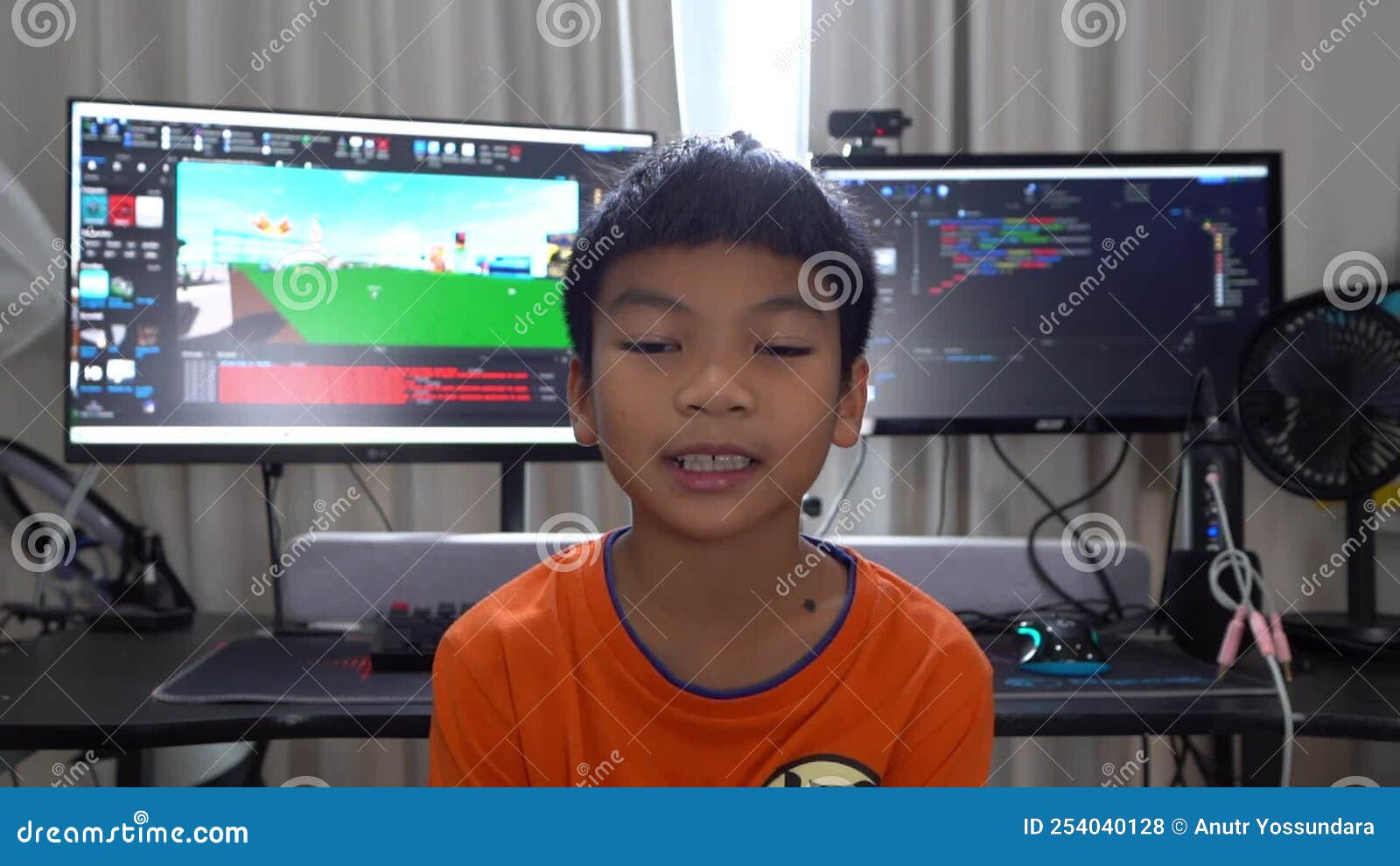 Kid with Computer Programming and Game Developing in Background, for Technology Coding Concept ...