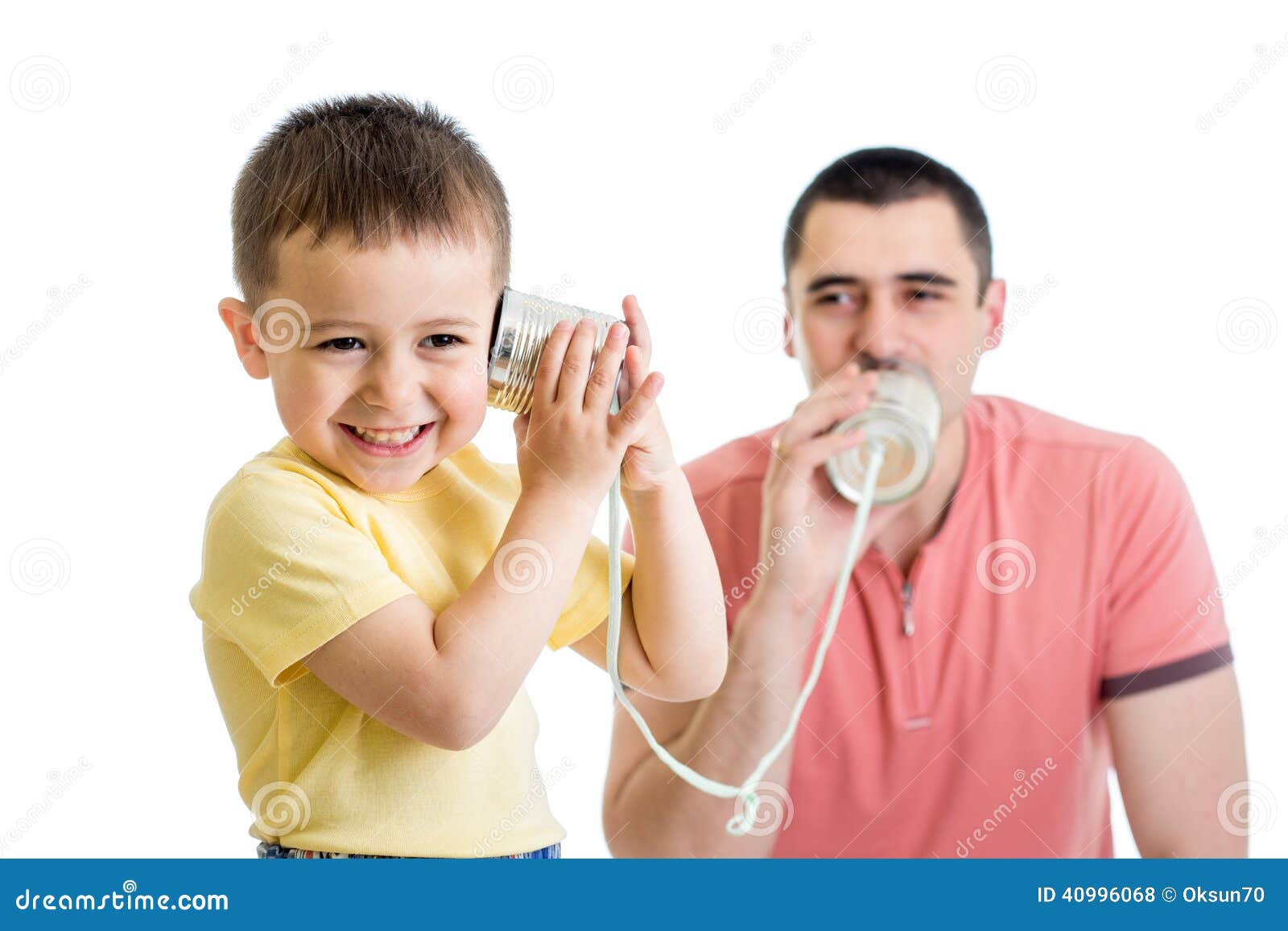 Kid and Dad Having a Phone Call with Tin Cans Stock Photo - Image of ...