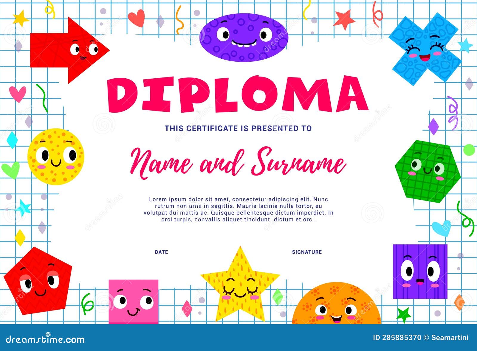 Kid Diploma Certificate with Math Shape Characters Stock Vector ...