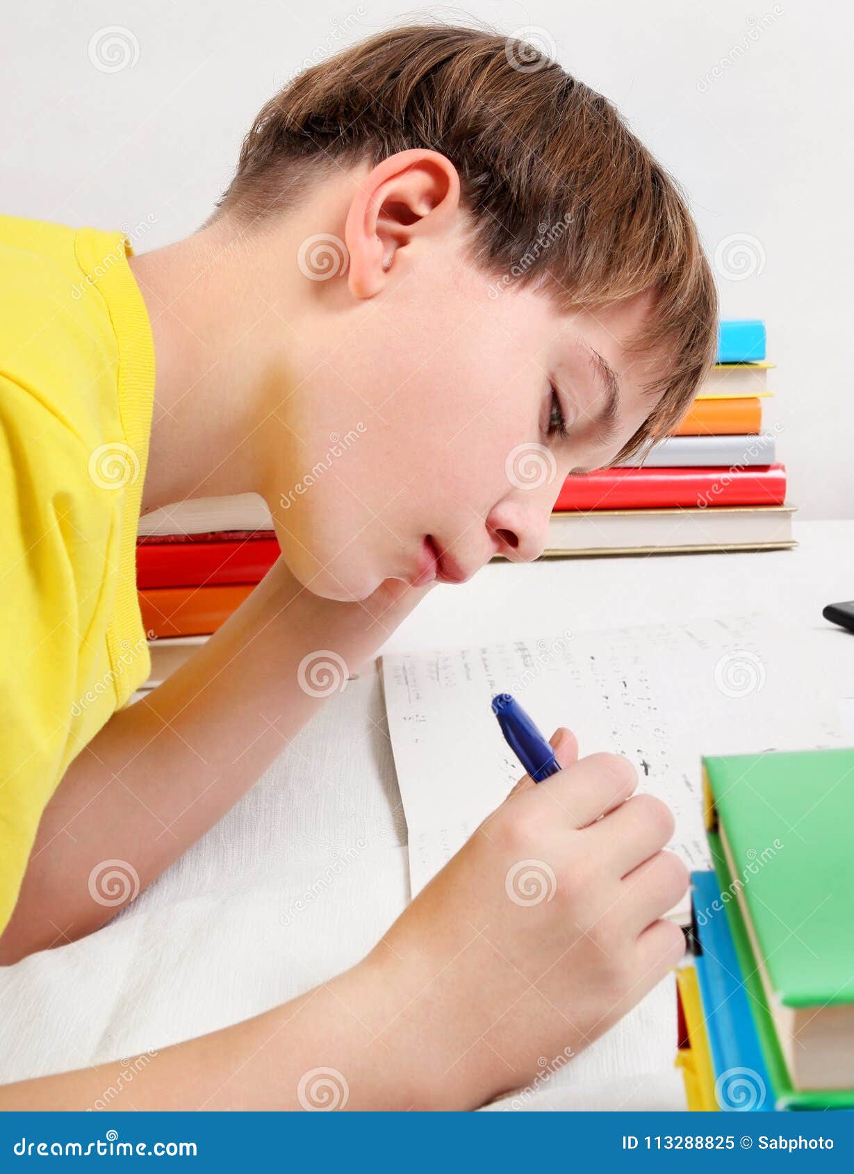 Kid doing Homework stock image. Image of closeup, domestic - 113288825