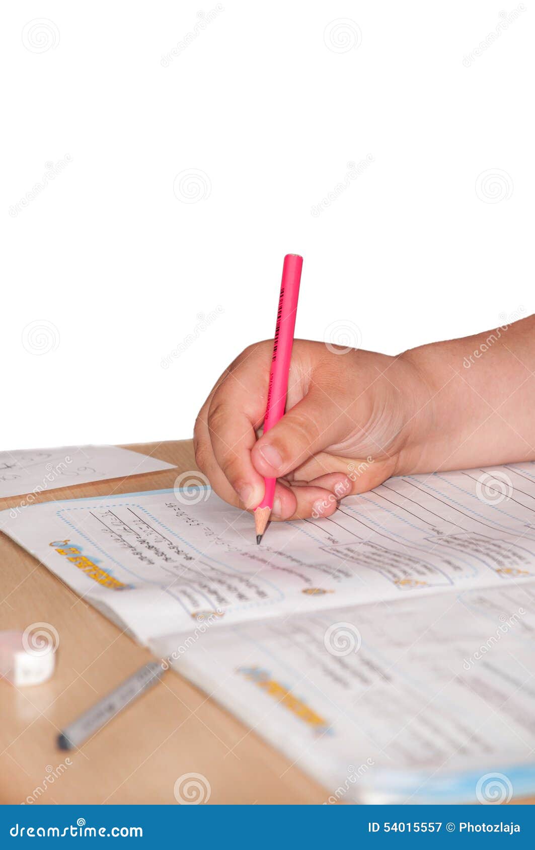 Kid Doing Homework Mathematics on the Table Stock Image - Image of ...