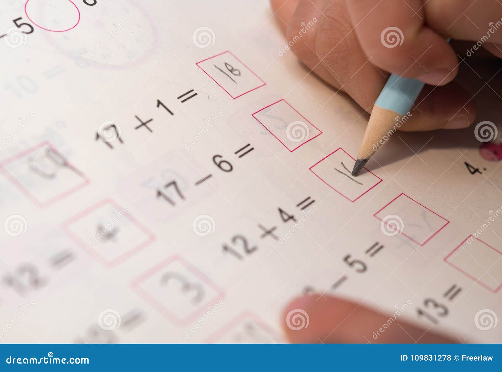 Kid Doing Homework of Simple Subtraction & Addition Stock Photo - Image ...