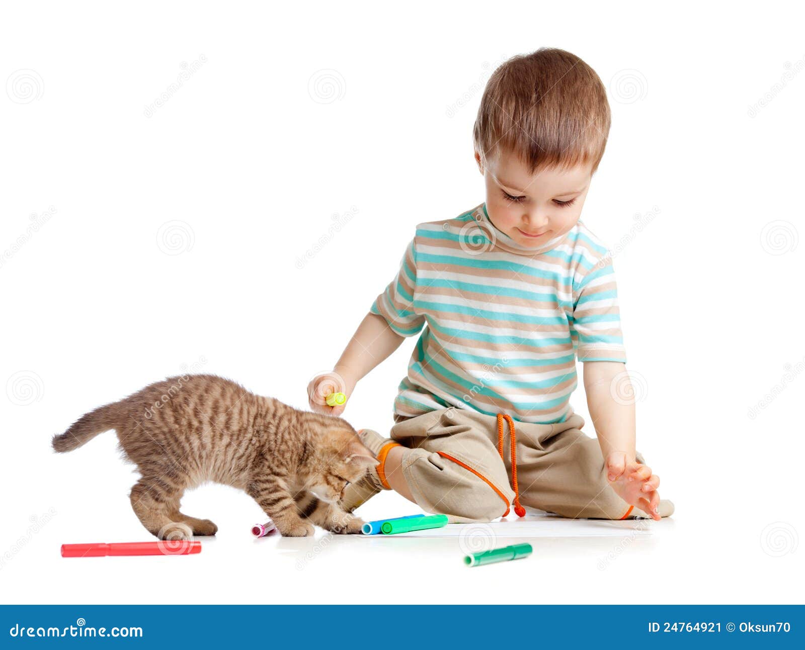 Kid Drawing Felt Pens with Cat Stock Image - Image of preschool ...