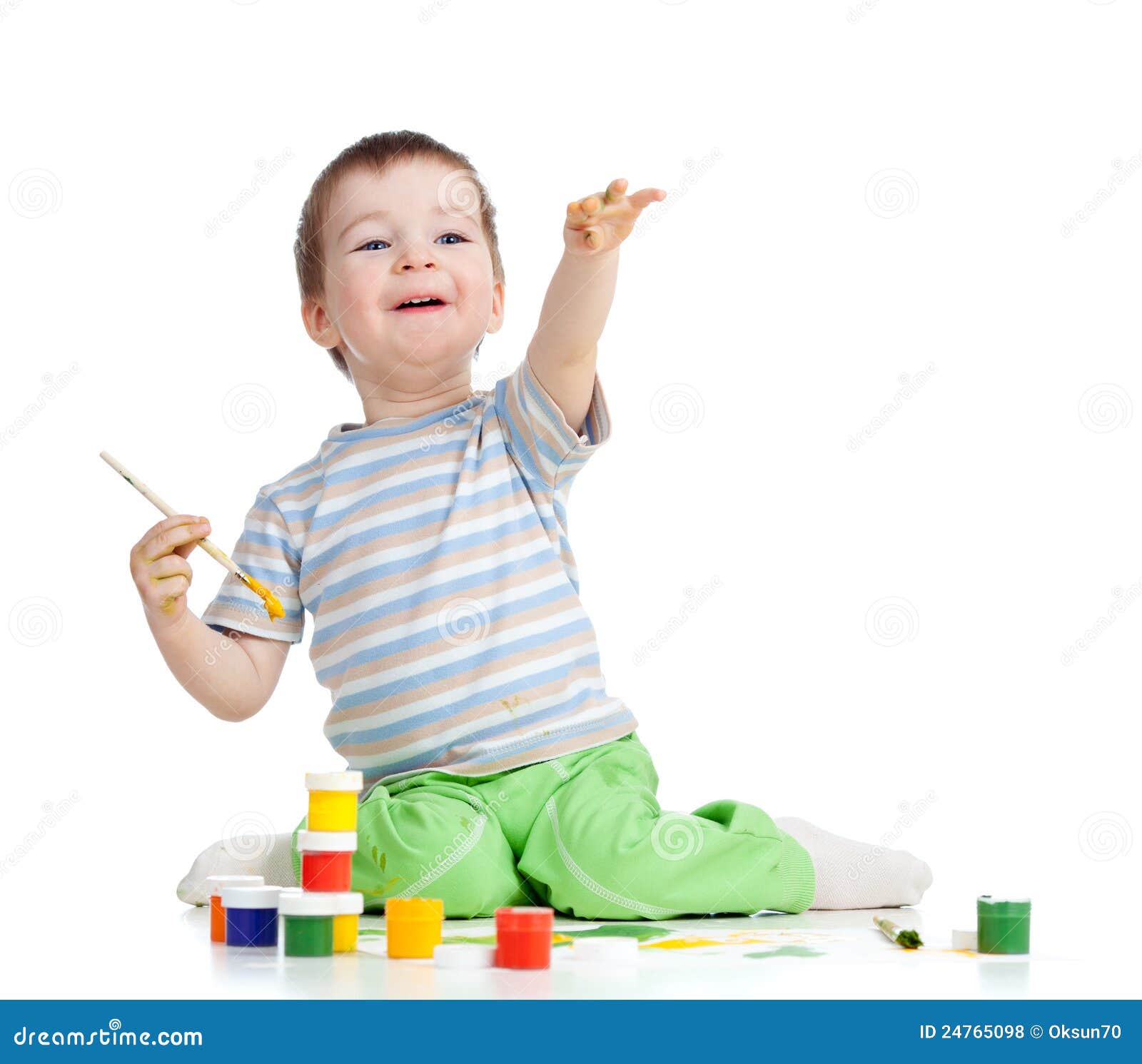 Kid Drawing with Paints Pointing Above Camera Stock Photo - Image of ...