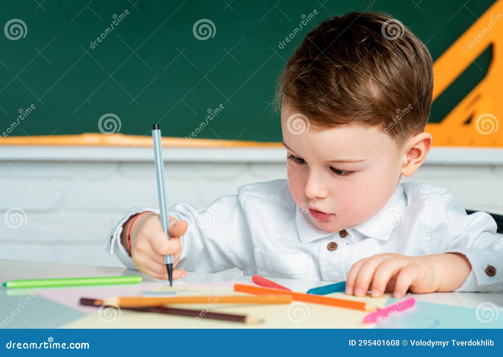 Kid Drawing on Paper. Children Home Learning. Child from Elementary ...