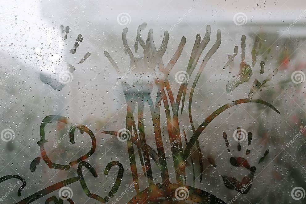 Kid Drawing on Wet Window Glass while Raining Stock Illustration ...
