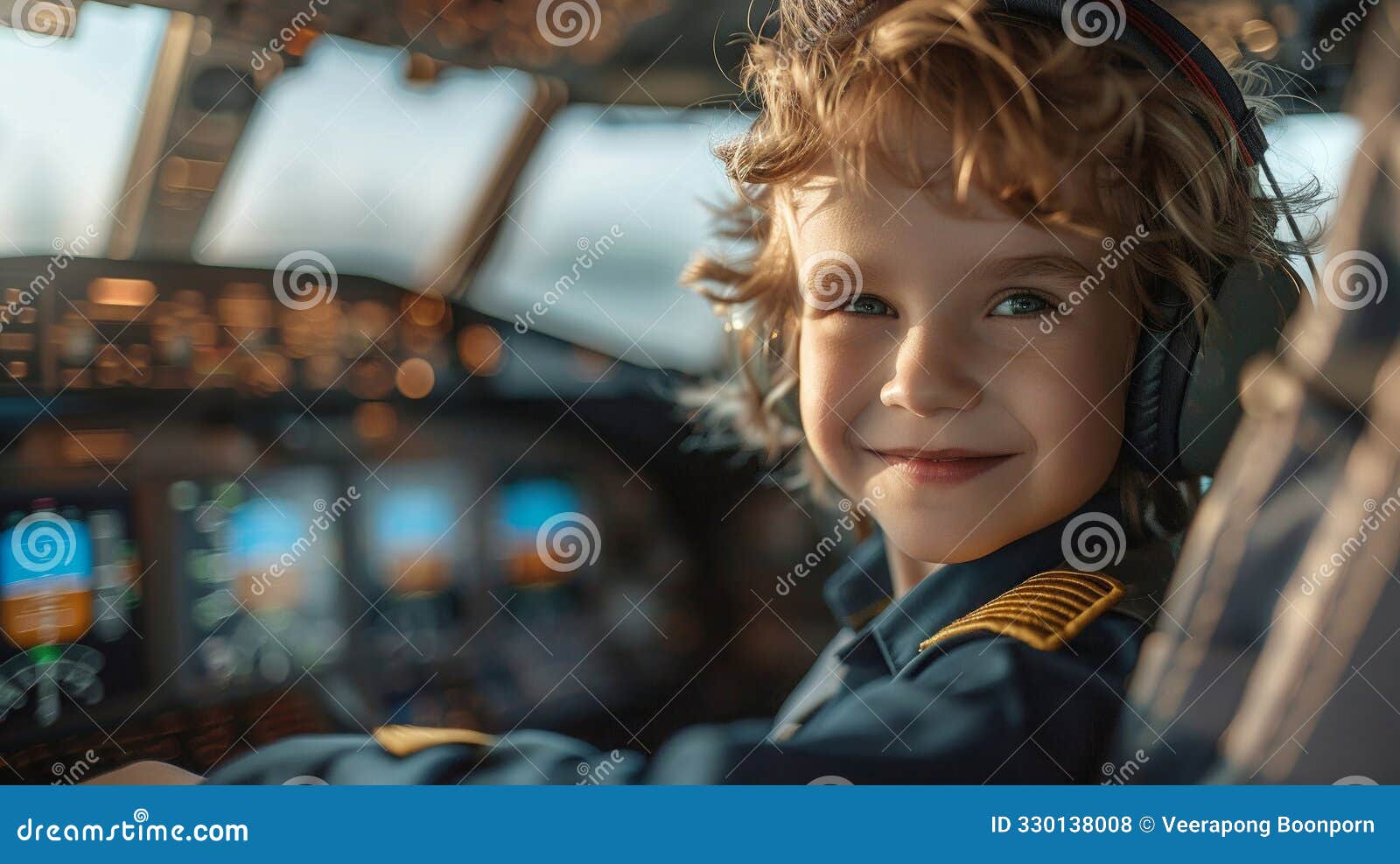 Kid Dreaming of Pilot Career, Posing Happily in Cockpit, in Pilot ...