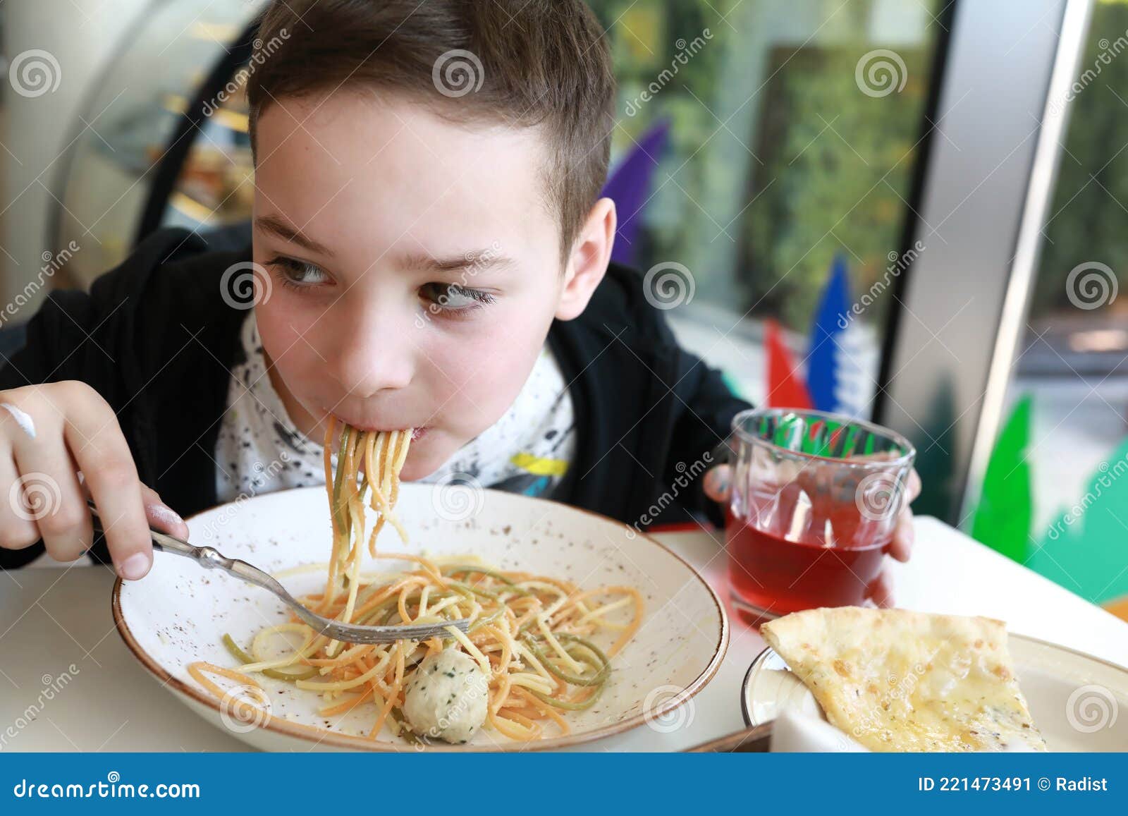 Kid Eating Spaghetti with Chicken Meatballs Stock Image - Image of ...