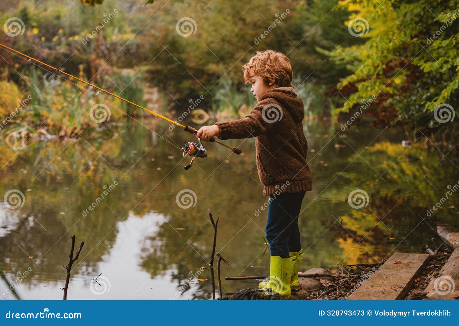 Kid with Fishing-rod. Child Fishing at Autumn Lake. Stock Image - Image ...