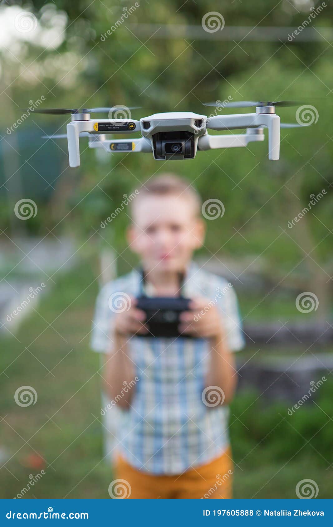 Kid Flying Drone. Boy Operate Drones Stock Photo - Image of processing ...