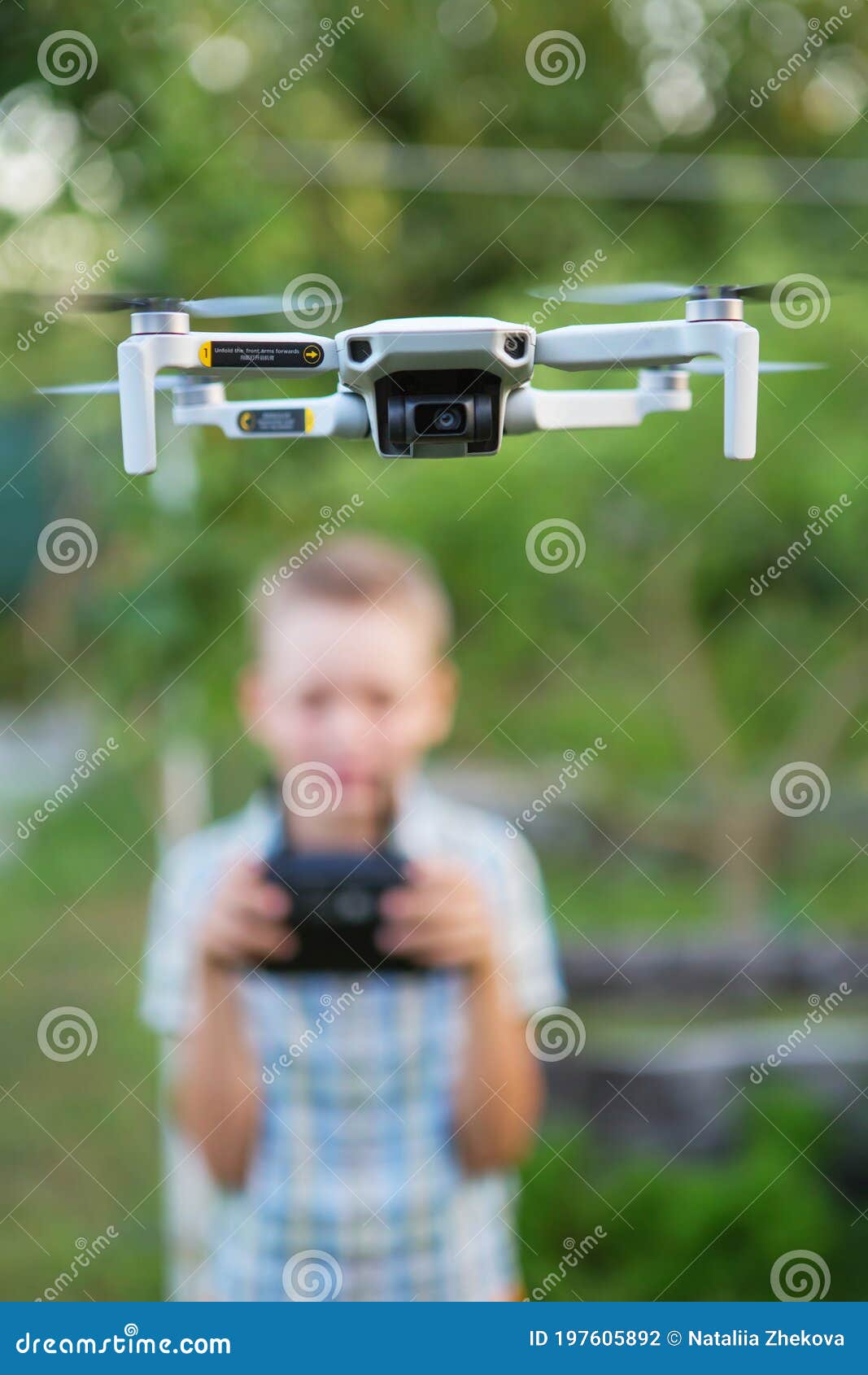Kid Flying Drone. Boy Operate Drones. Child Operating Quadcopter Stock ...