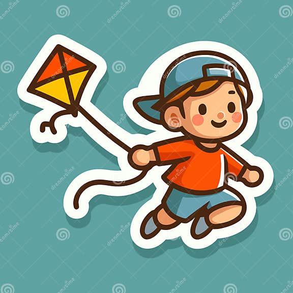 Joyful Child Enjoying a Breezy Day Flying a Kite Sticker Stock ...