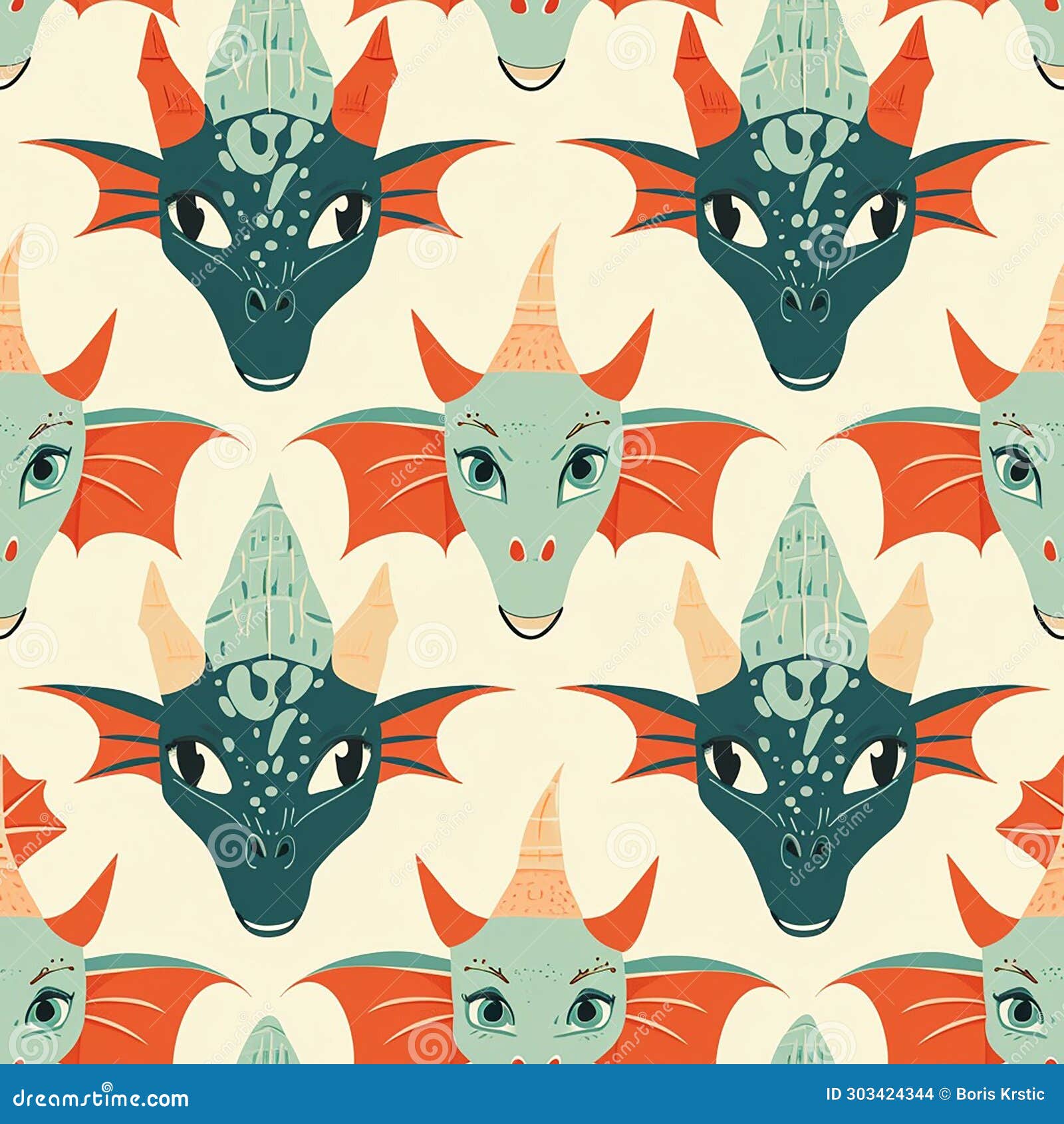 Kid-Friendly Smiling Dragon Face Seamless Pattern Stock Illustration ...