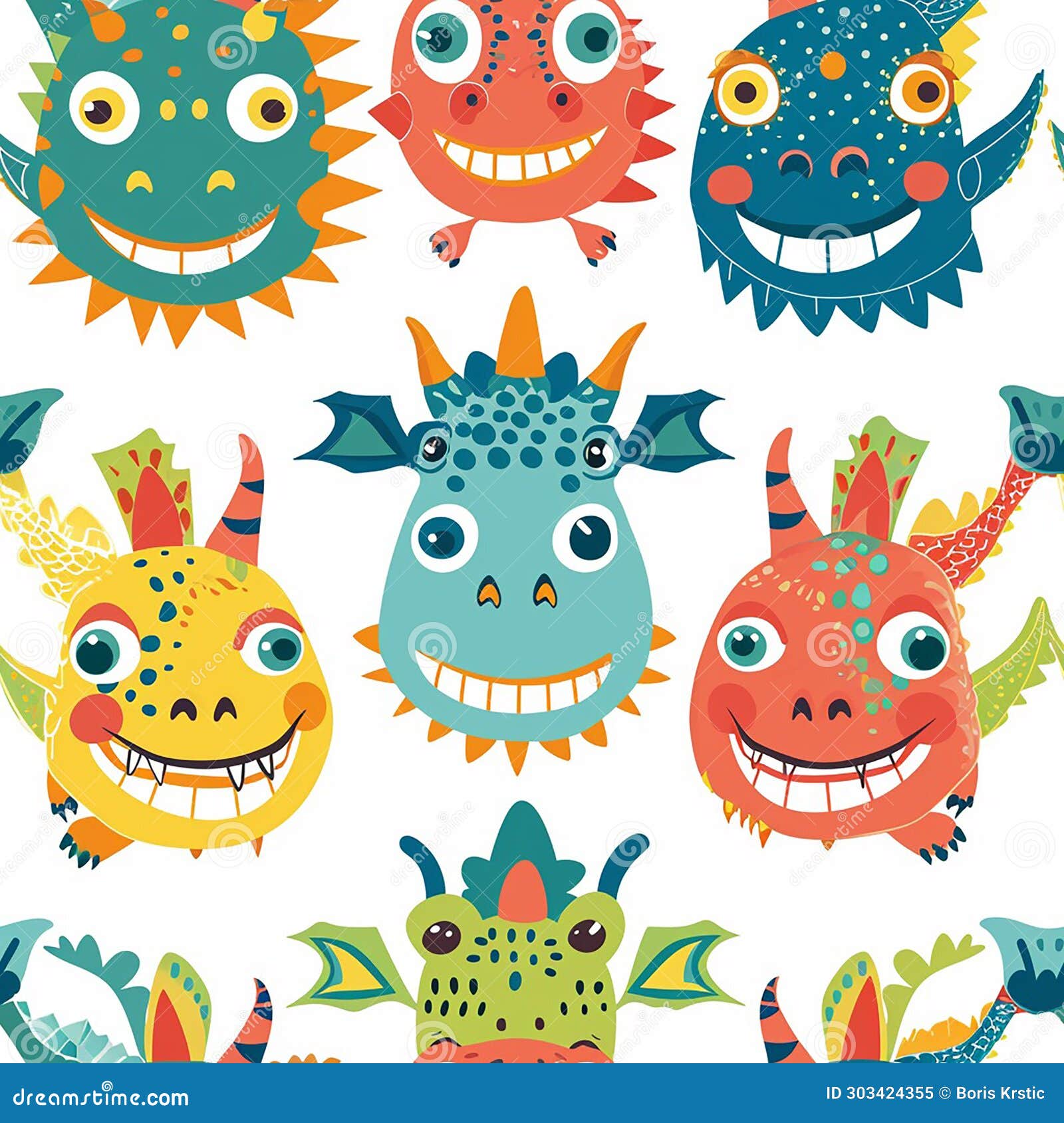 Kid-Friendly Smiling Dragon Face Seamless Pattern Stock Illustration ...