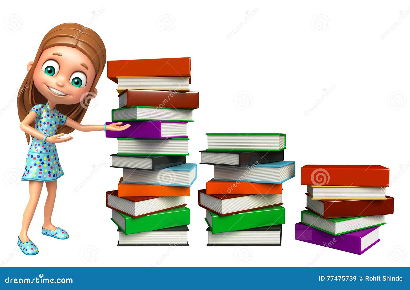 Kid girl with Book stack stock illustration. Illustration of isolated ...