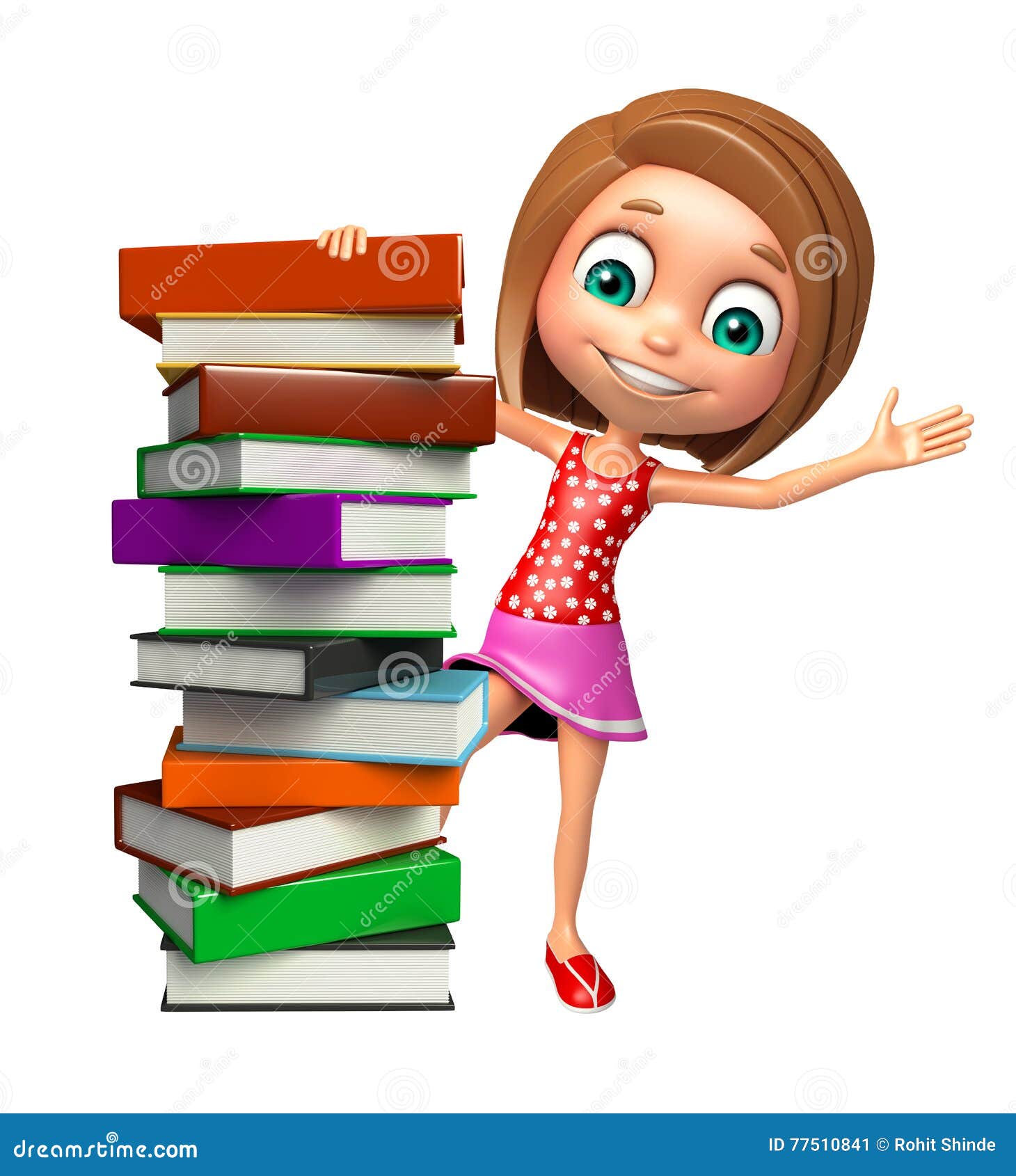 Kid girl with Book stack stock illustration. Illustration of playful ...