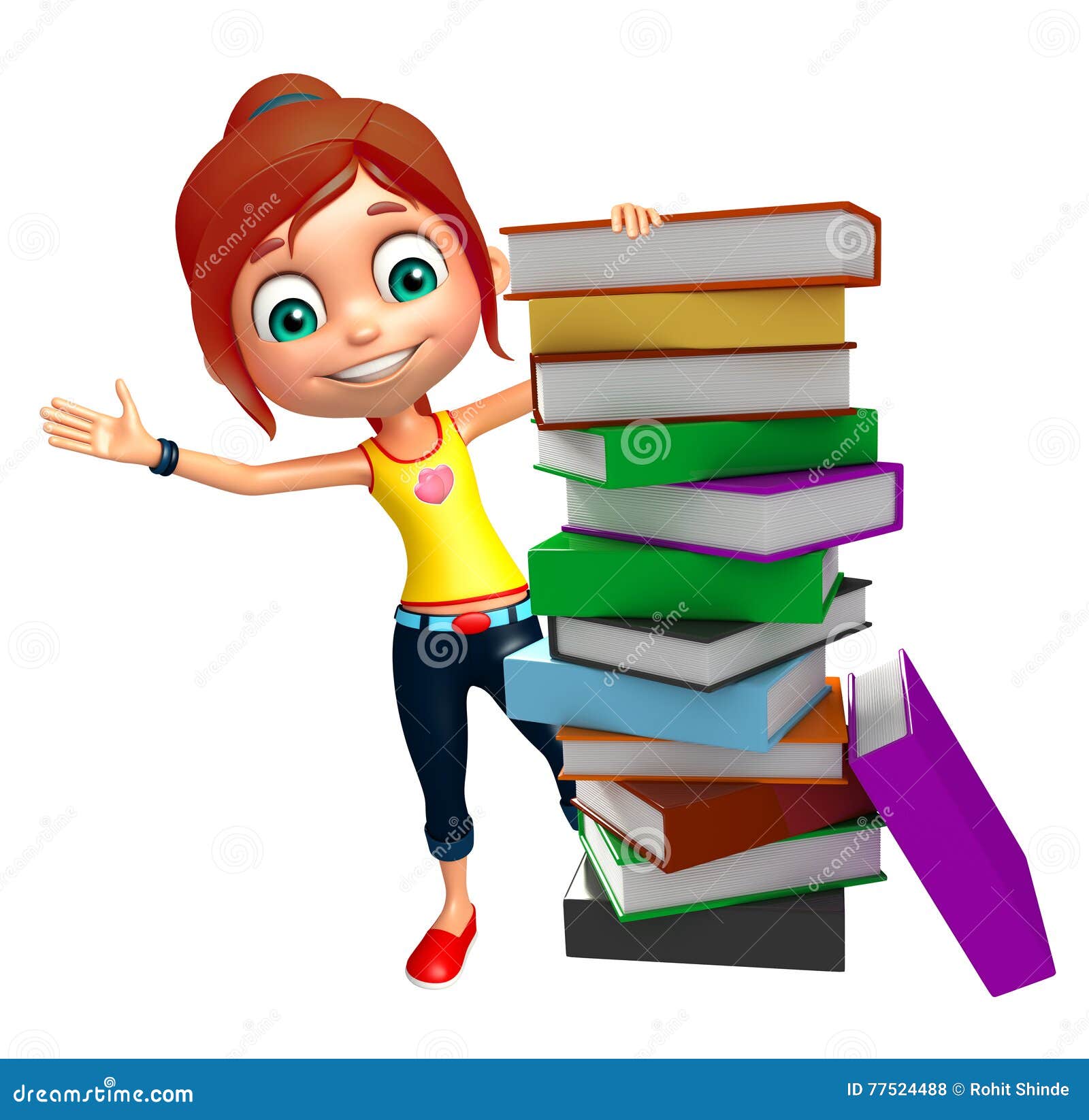 Kid girl with Book stack stock illustration. Illustration of character ...