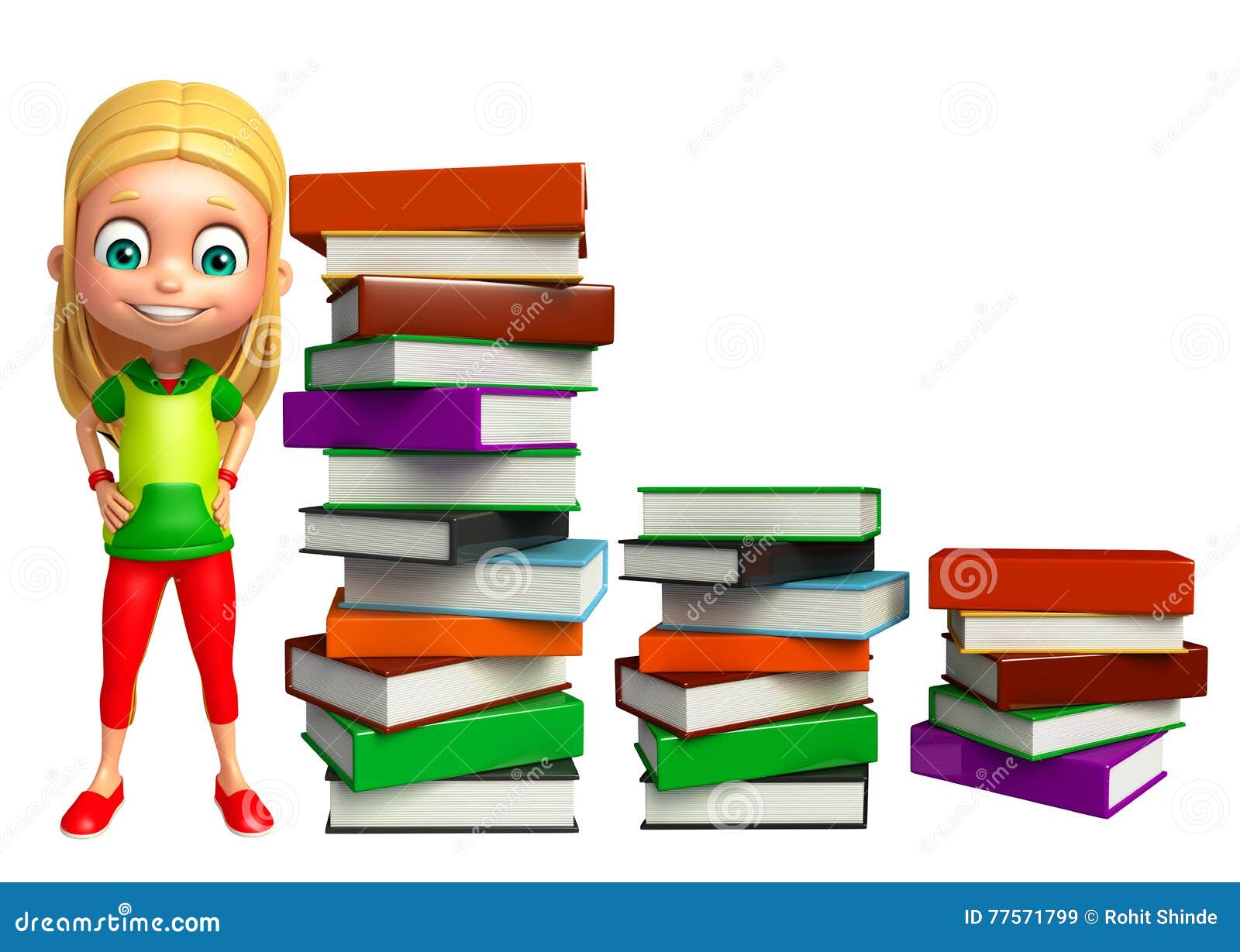 Kid girl with Book stack stock illustration. Illustration of smile ...