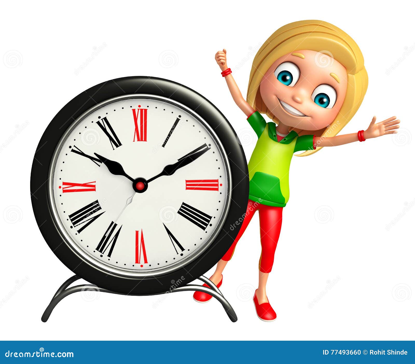 Kid girl with Clock stock illustration. Illustration of class - 77493660