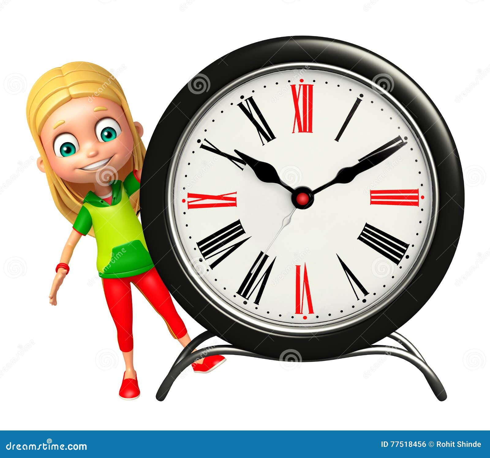 Kid girl with Clock stock illustration. Illustration of read - 77518456