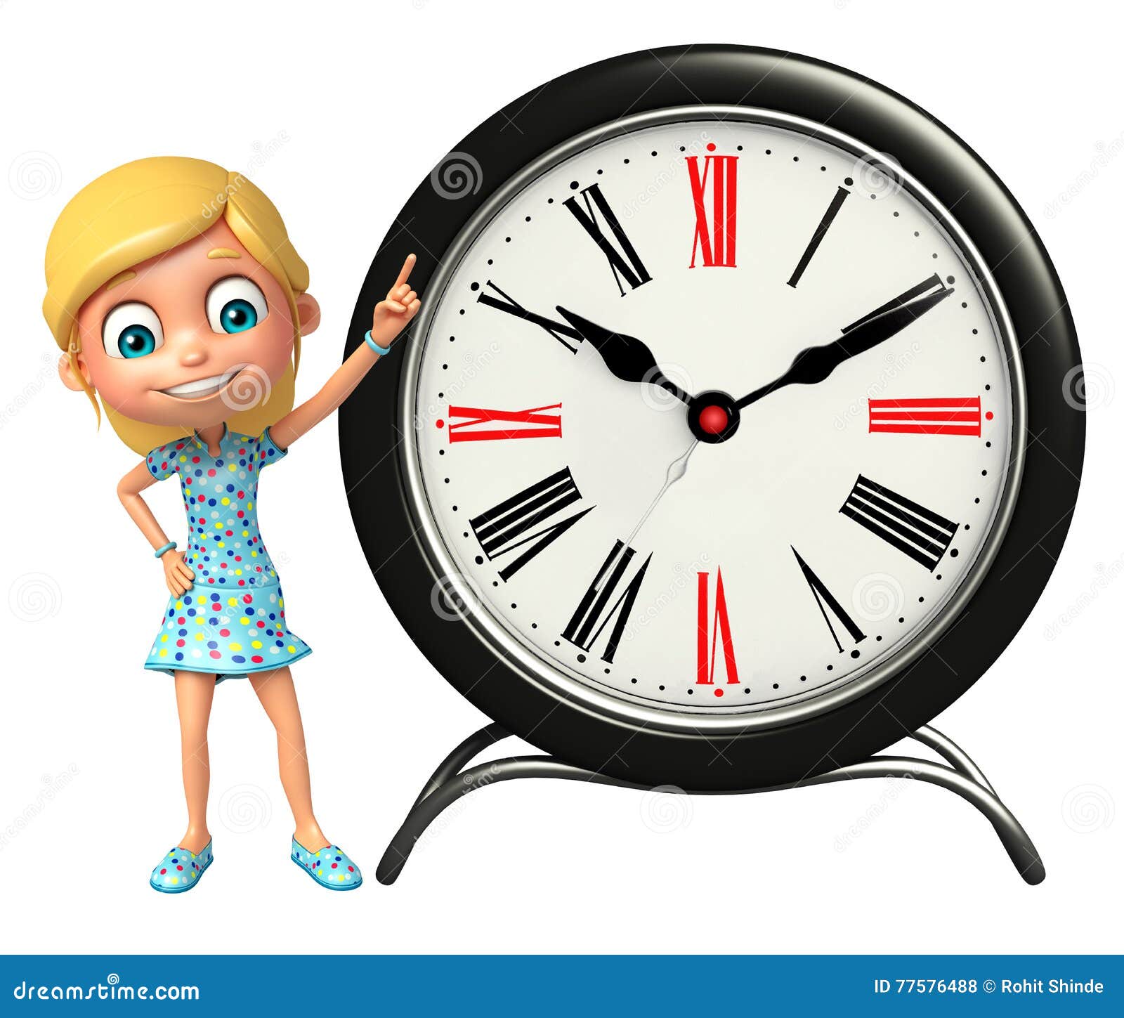 Kid girl with Clock stock illustration. Illustration of school - 77576488