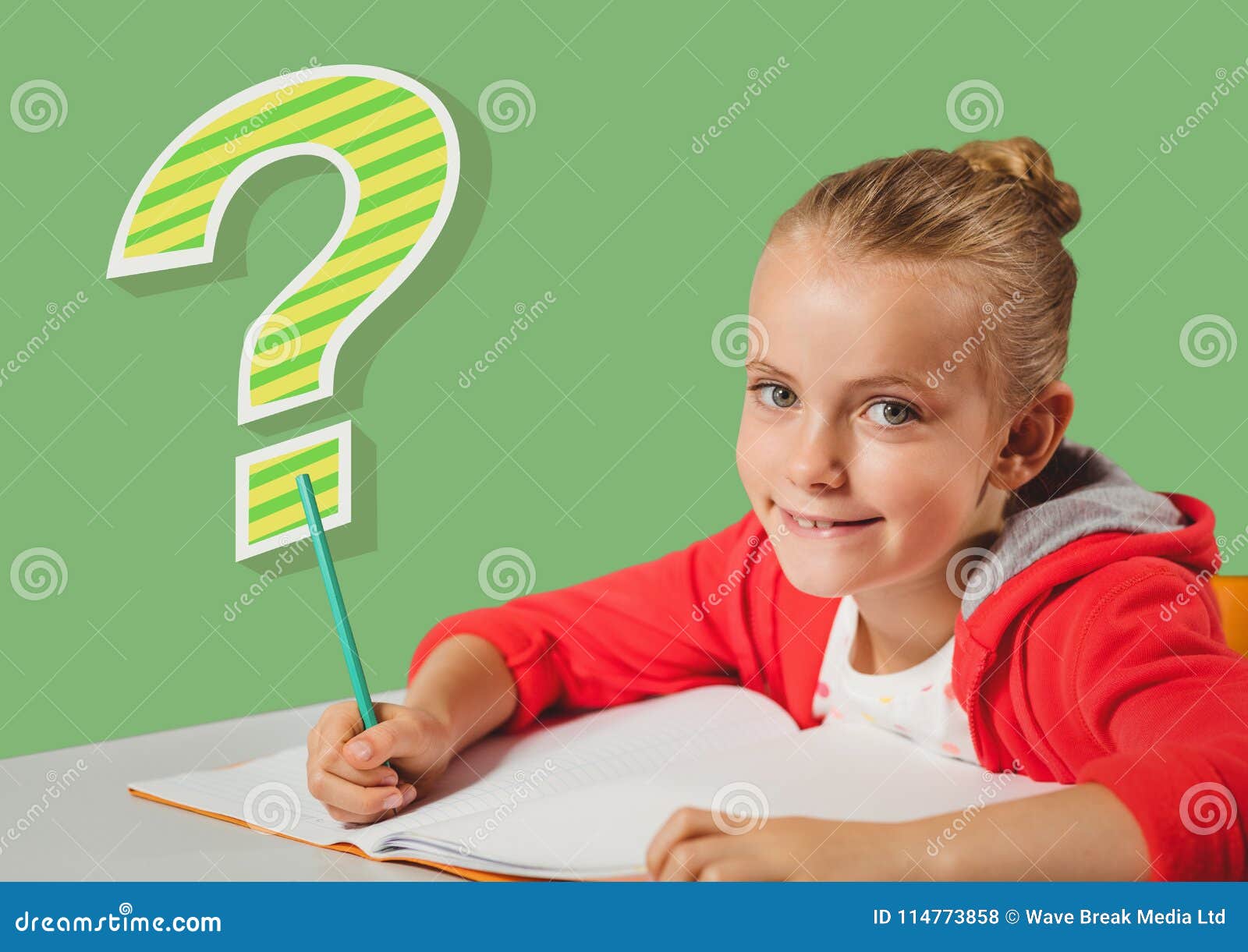 Kid Girl Doing Classwork with Funky Cool Question Mark Stock Photo ...