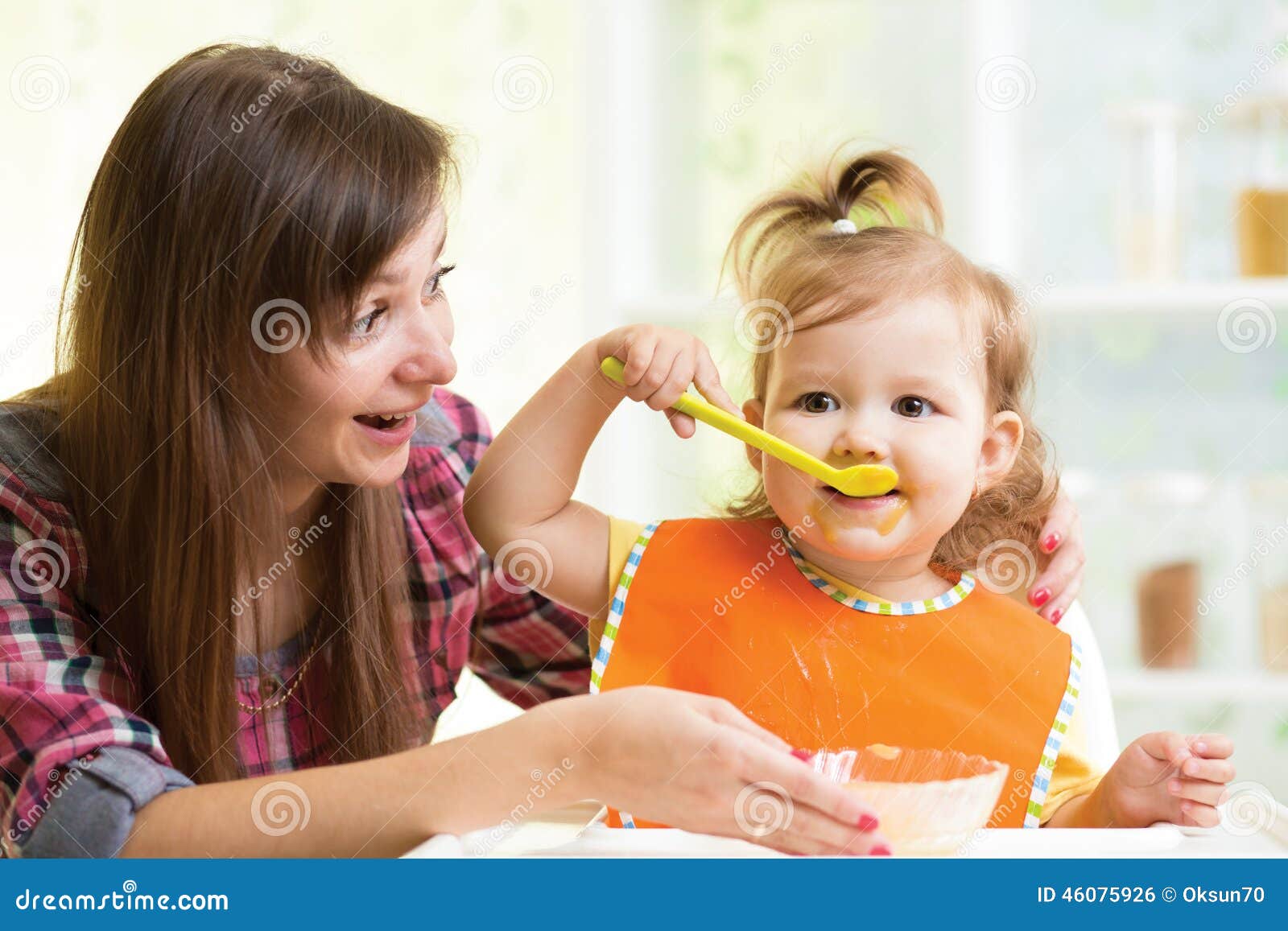 Kid Girl Eating with Spoon Indoors Stock Photo - Image of baby, face ...