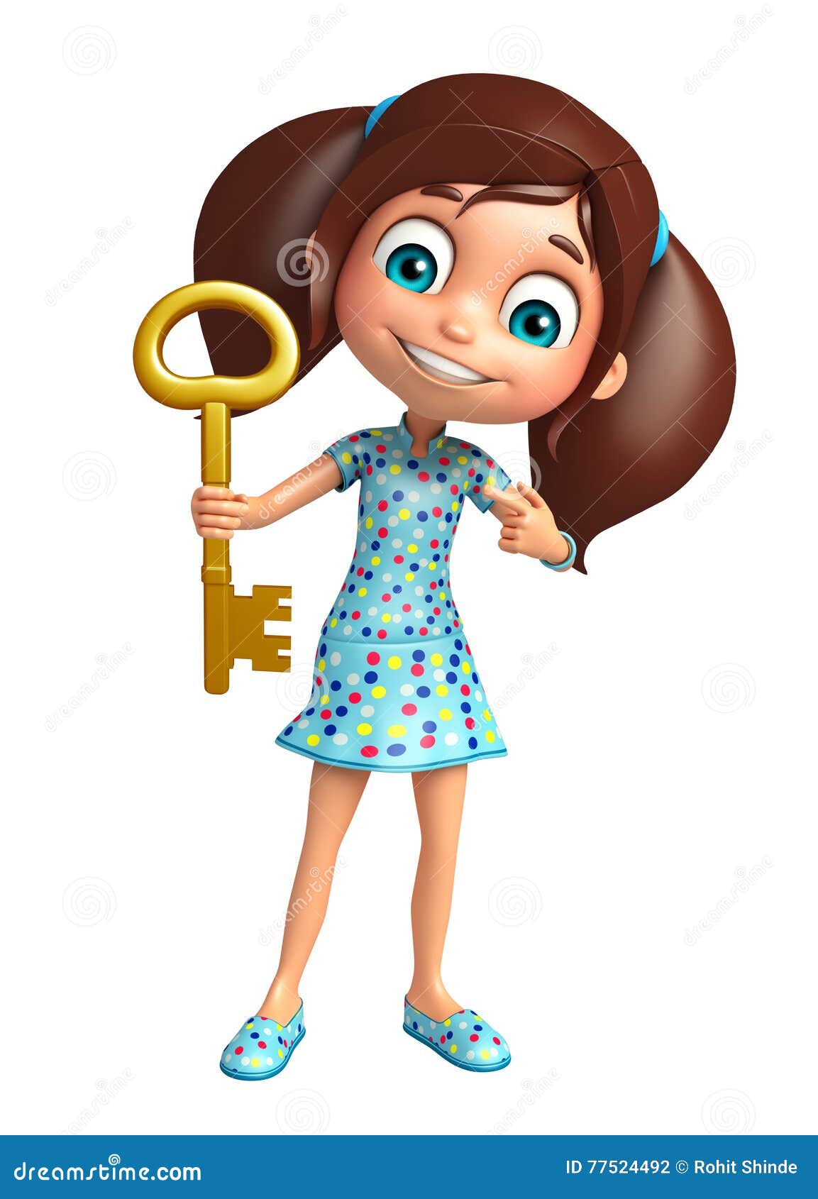 Kid girl with; Key; stock illustration. Illustration of happiness ...