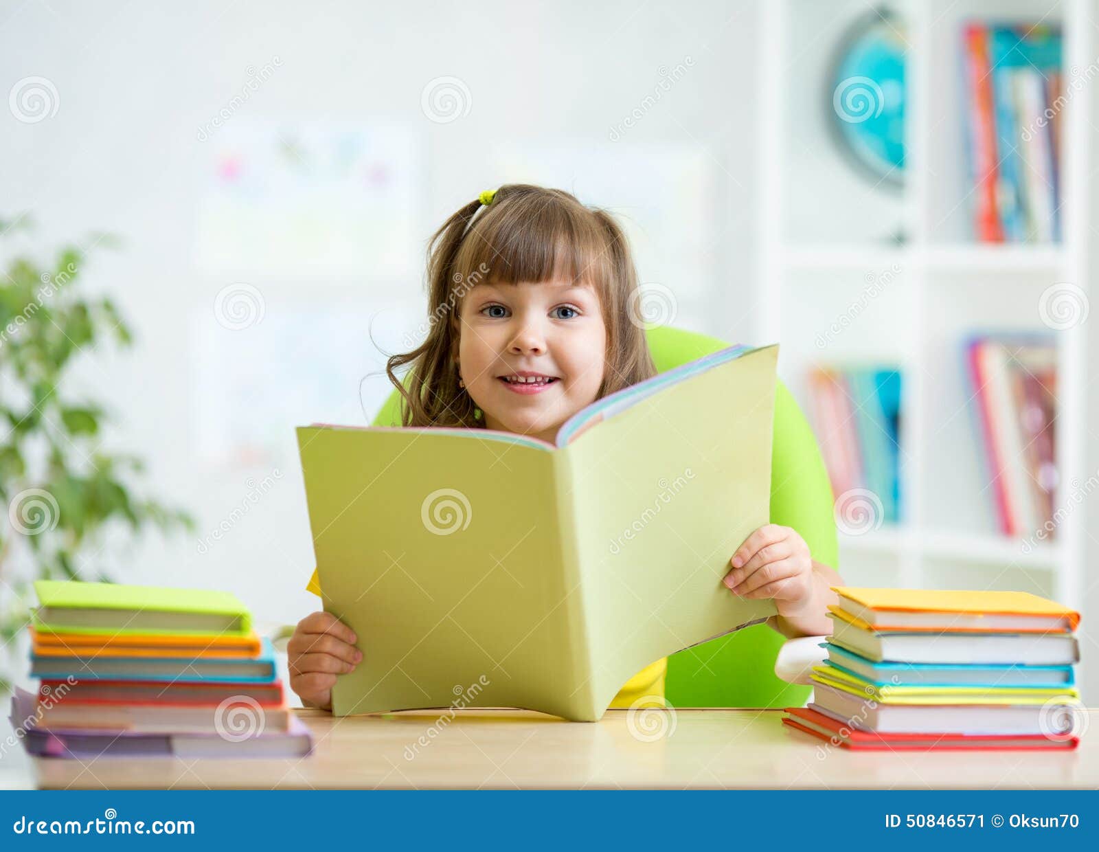 Kid Girl with Opened Book at Home Stock Image - Image of elementary ...