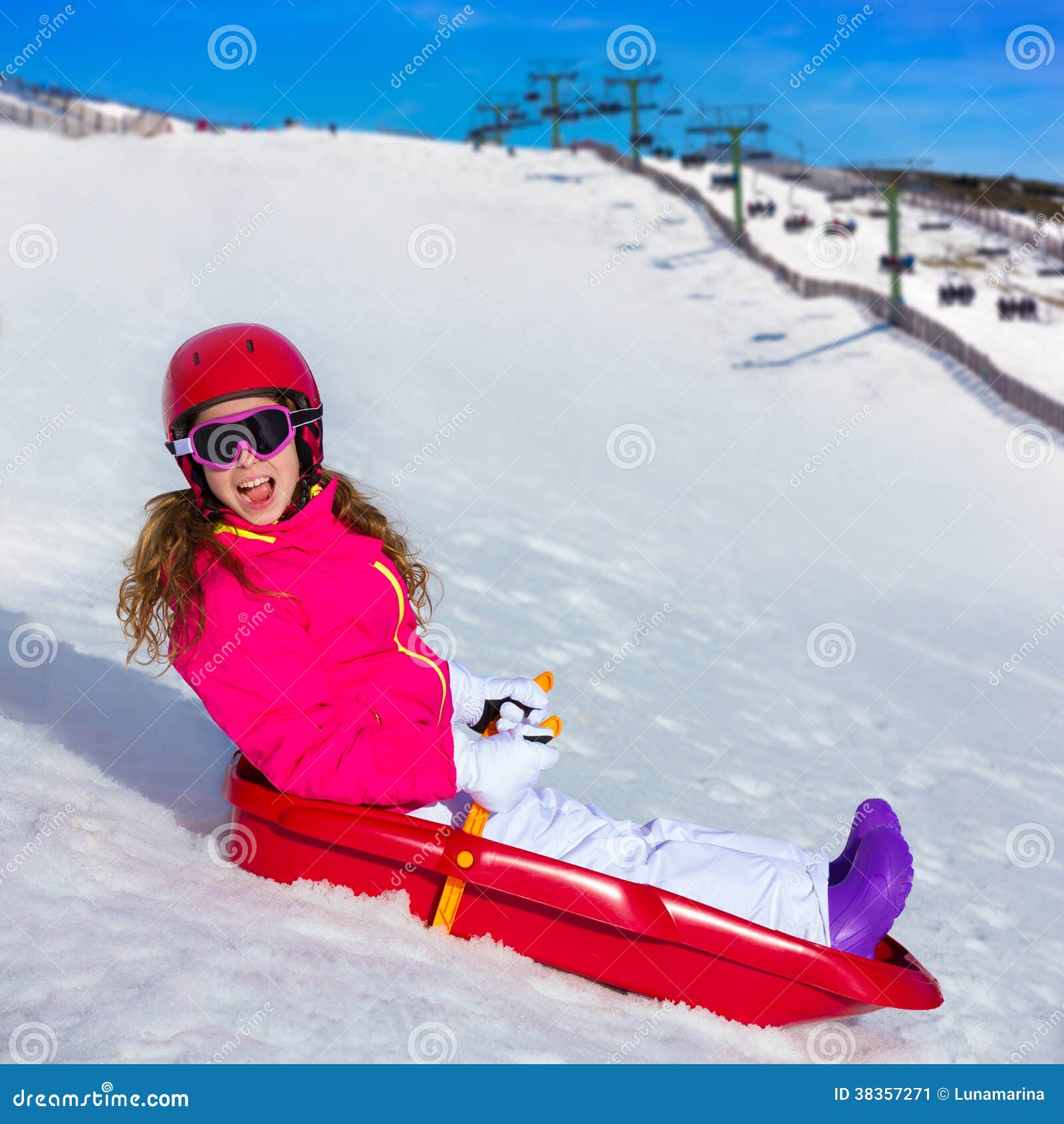 Kid Girl Playing Sled in Winter Snow Stock Image - Image of laughing ...