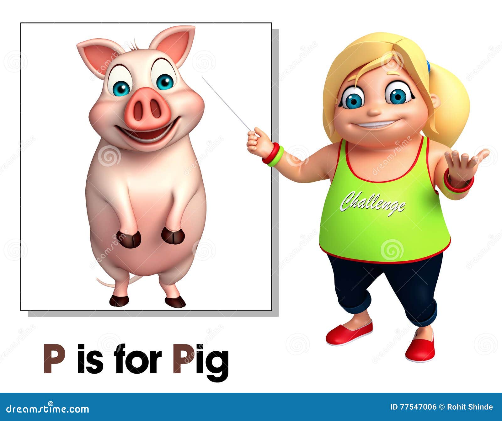 Kid girl pointing Pig stock illustration. Illustration of animal - 77547006