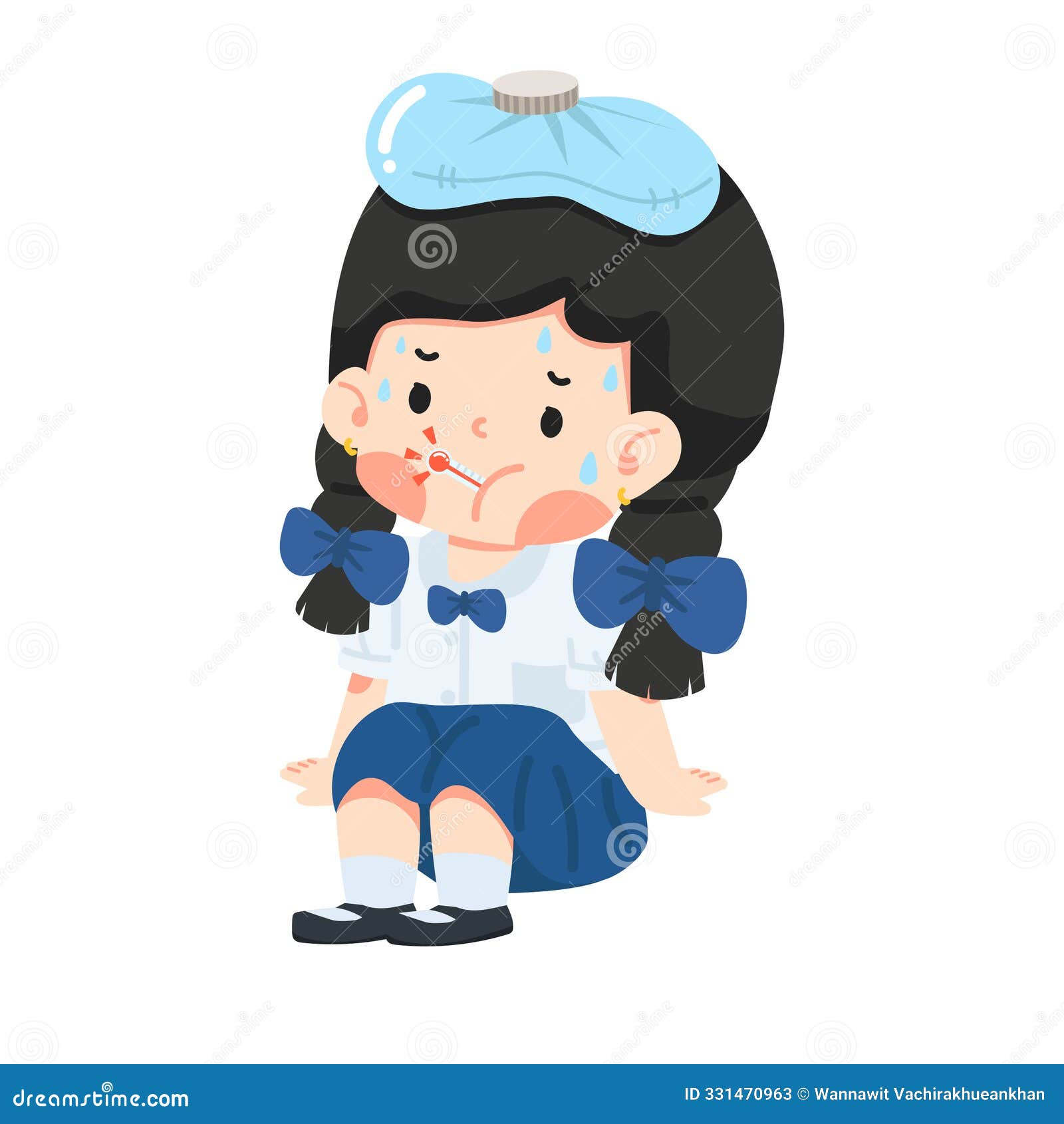 Kid Girl Sick Cold with Thermometer Stock Illustration - Illustration ...