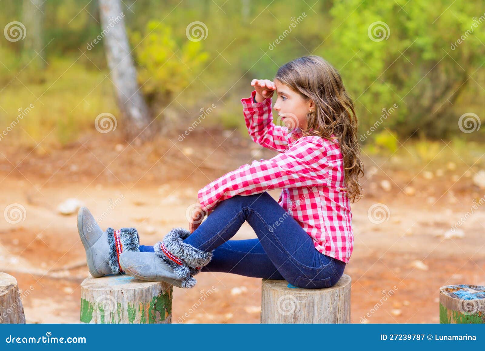 Kid Girl Sitting in Forest Trunk Looking Far Away Stock Image - Image ...