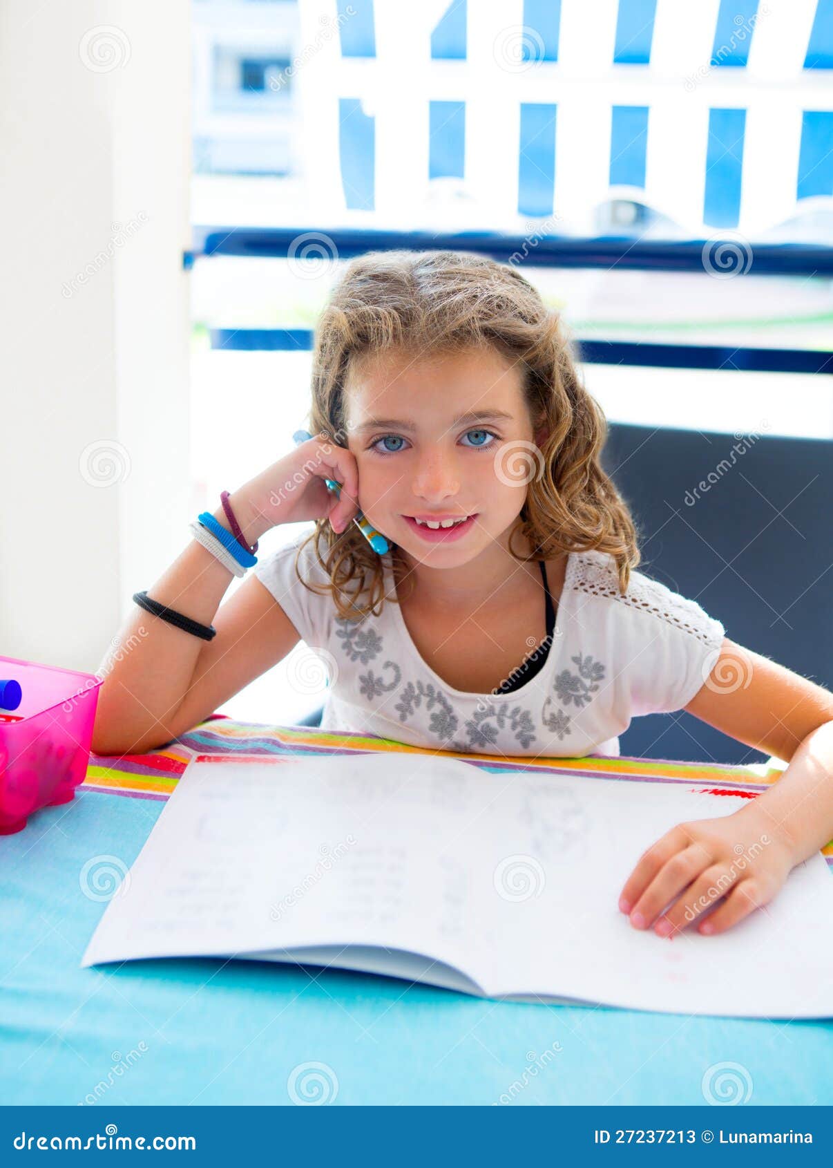Kid Girl Smiling with Homework in Summer Stock Image - Image of ...