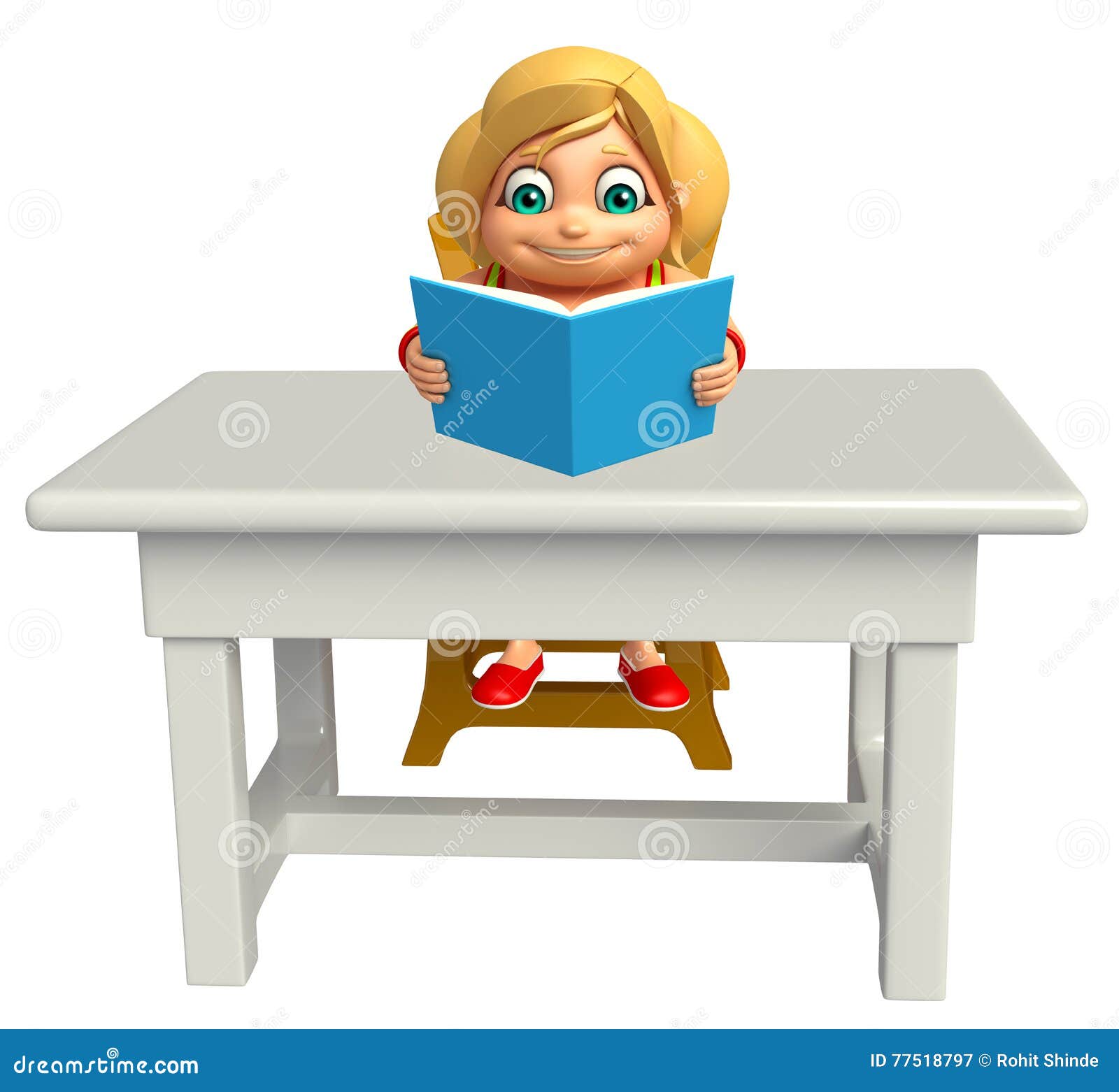 Kid Girl with Table Chair Book Stock Illustration - Illustration of ...