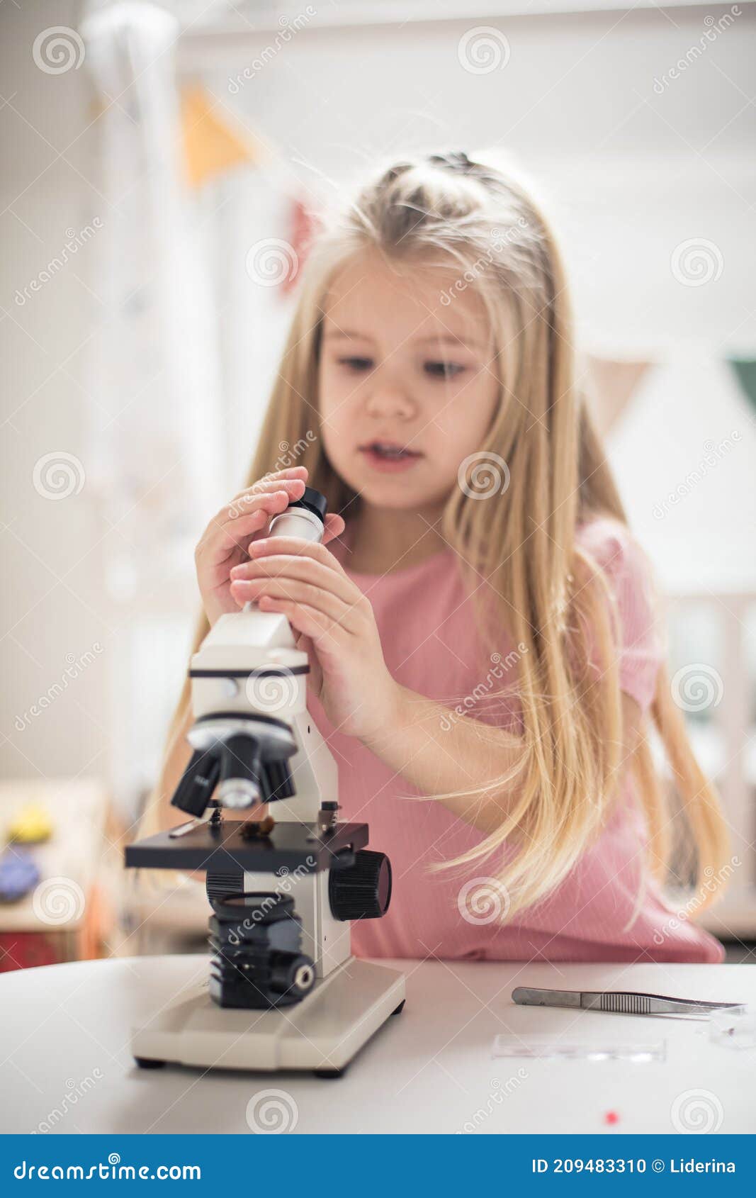 Kid Girl Using Microscope and Working Analysis Stock Photo - Image of ...