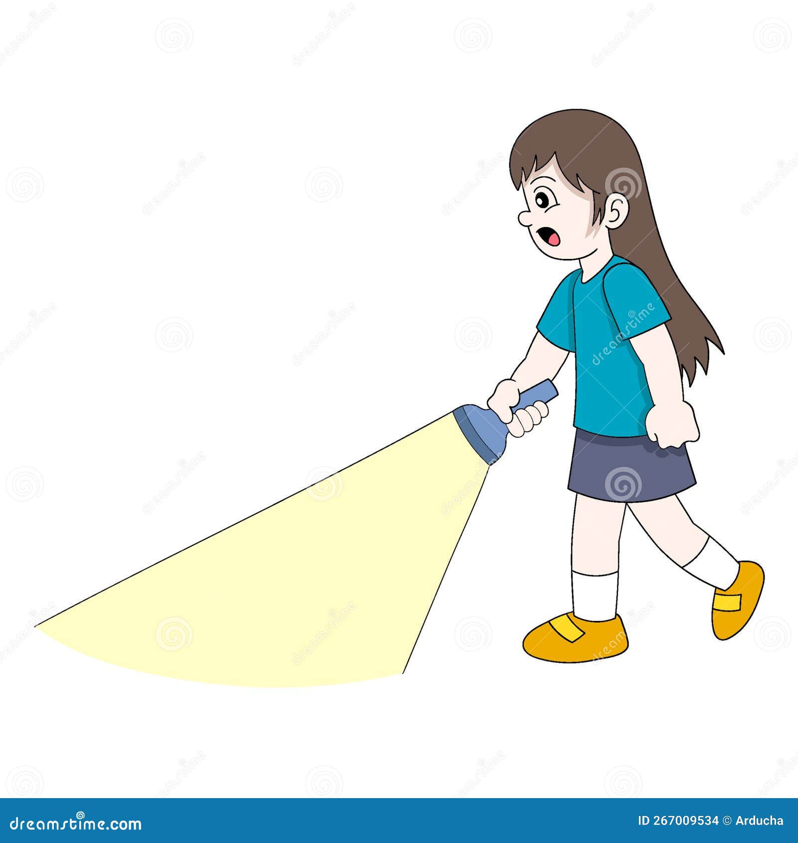 Kid Girl is Walking in the Dark Using a Light Flashlight Stock Vector ...