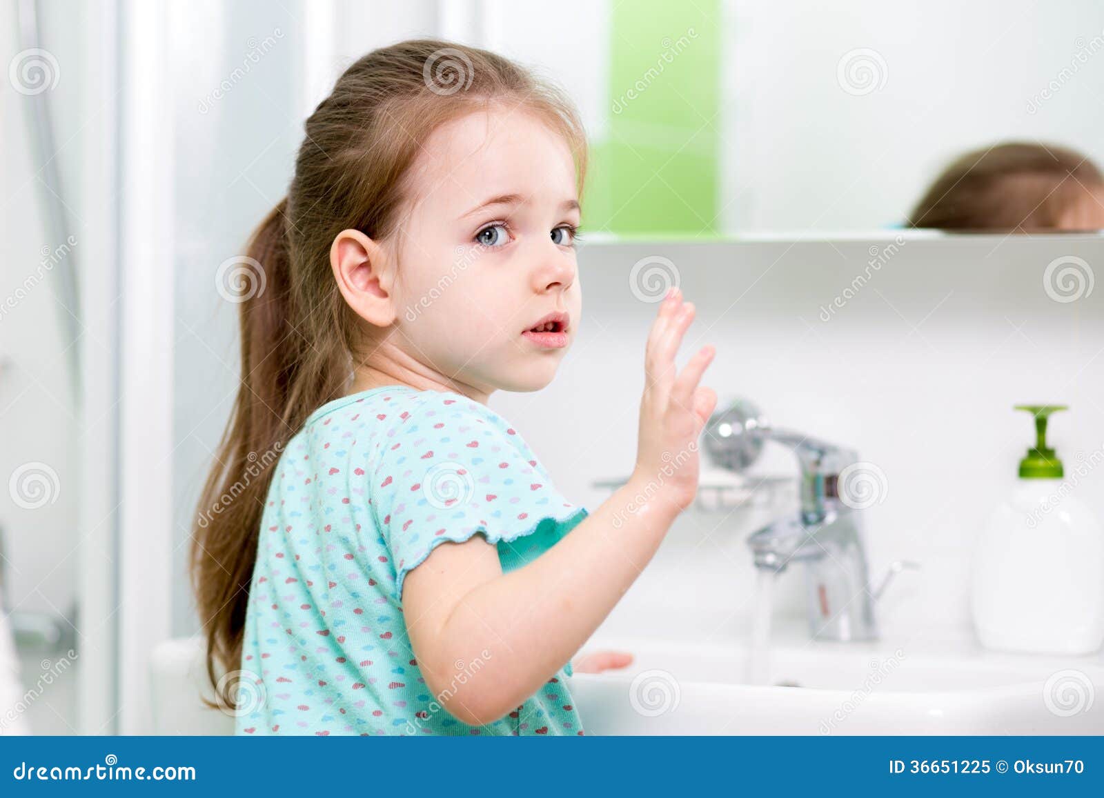 Kid Girl Washing Her Face and Hands in Bathroom Stock Image - Image of ...