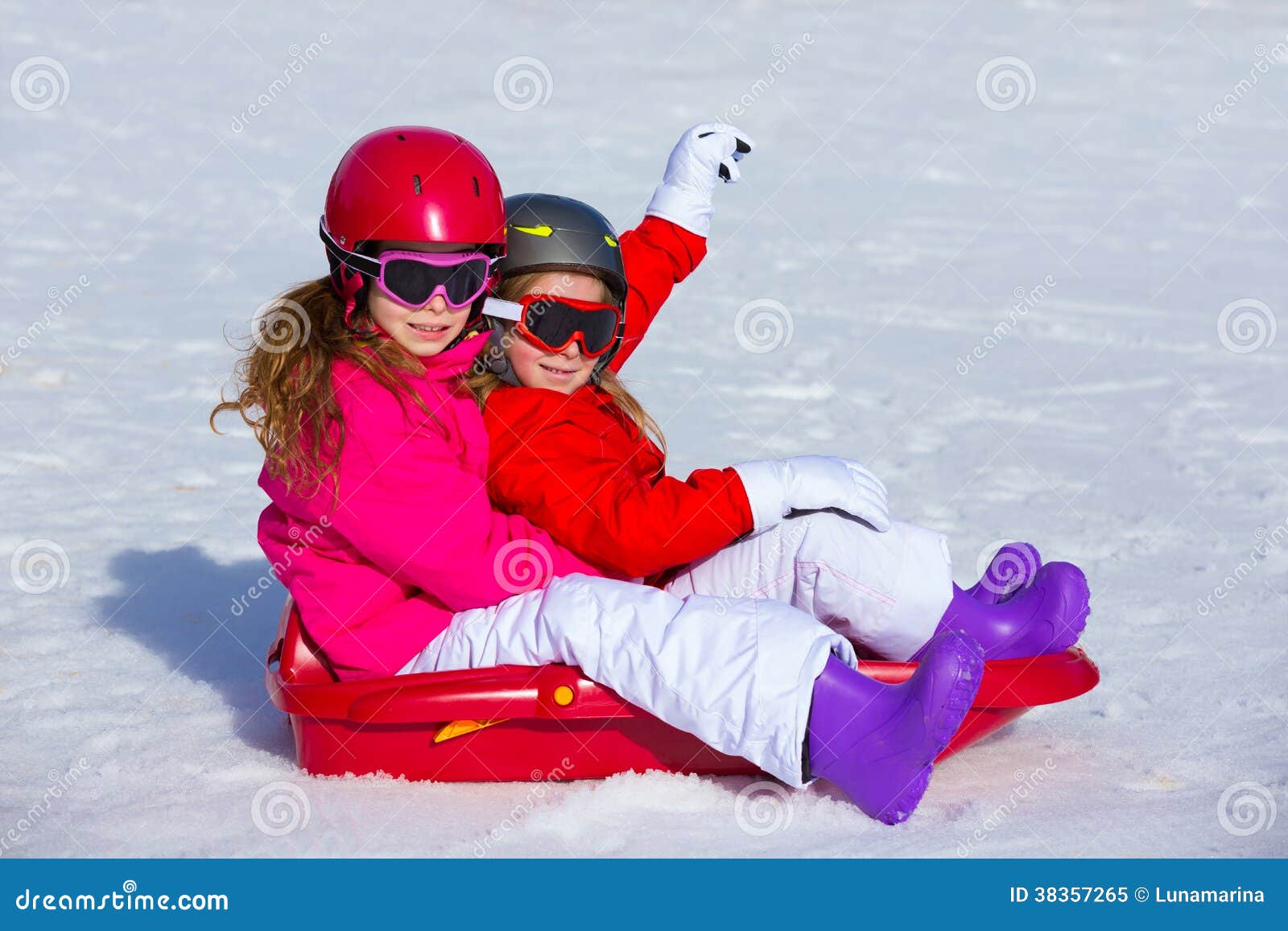 Kid Girls Playing Sled in Winter Snow Stock Image - Image of equipment ...