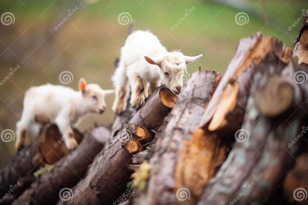Kid goats climbing on logs stock illustration. Illustration of farm ...