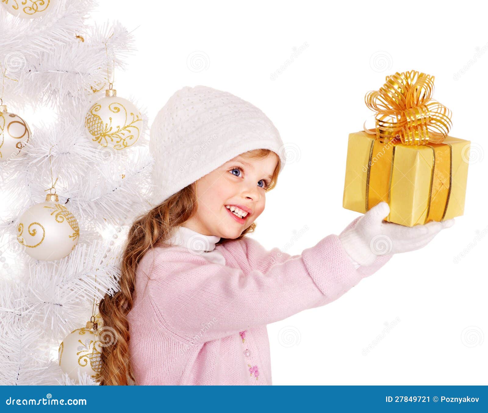 Kid with Gold Christmas Gift Box. Stock Image - Image of caucasian ...