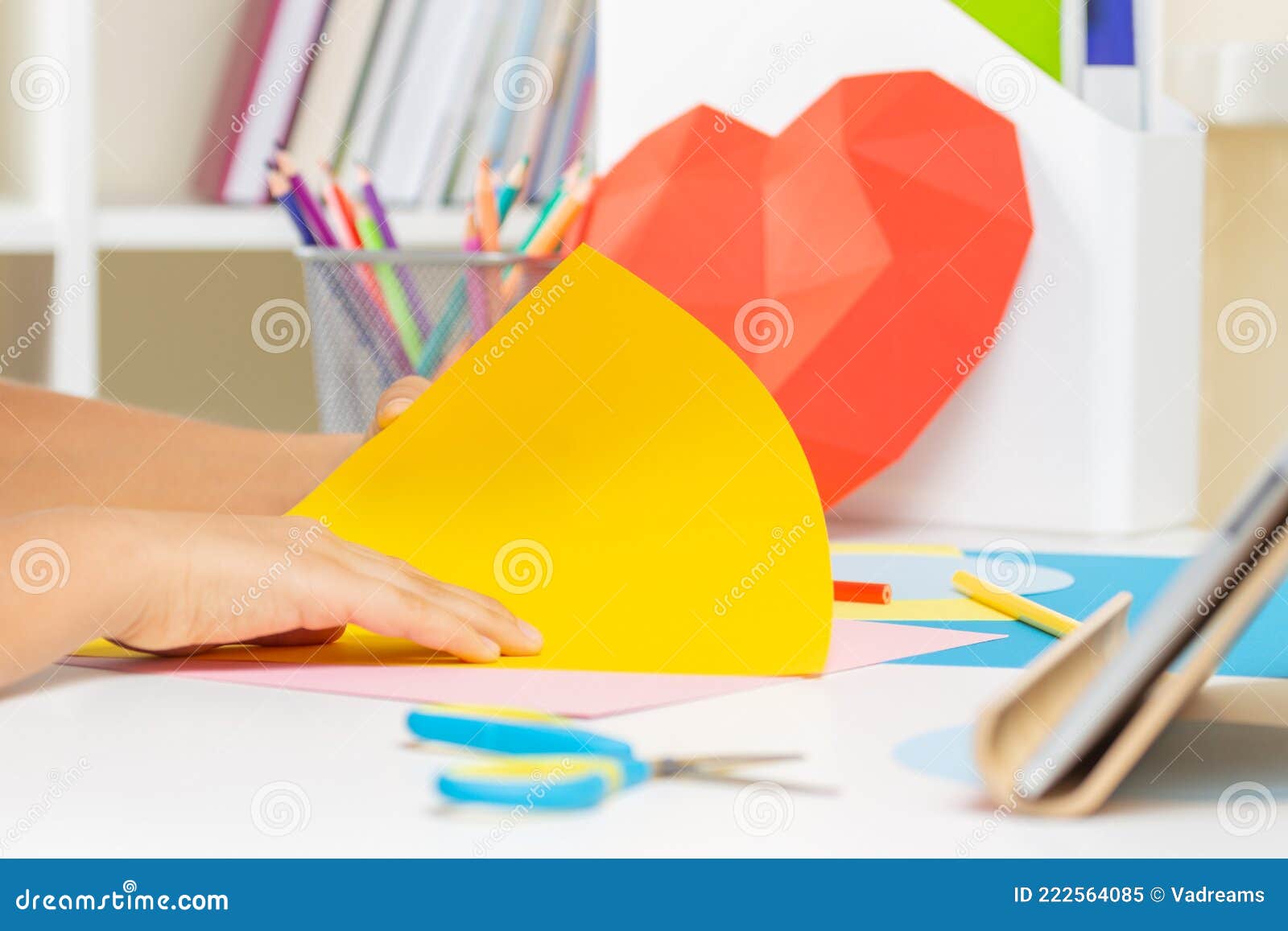 Kid Hands Create Origami or Colored Paper Card White Watching Video ...