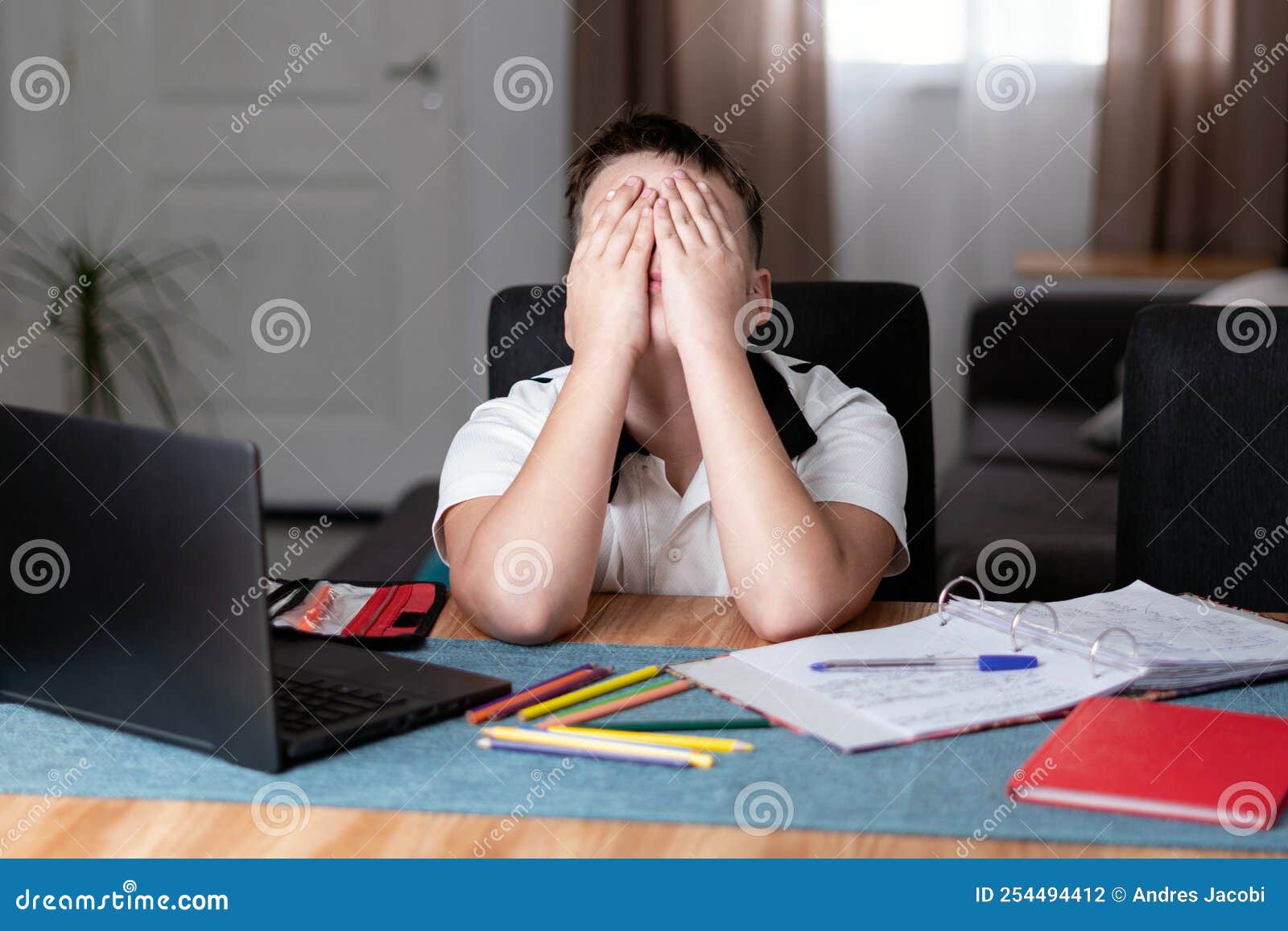 Kid with Hands in His Face Tired of Doing Homework Stock Photo - Image ...