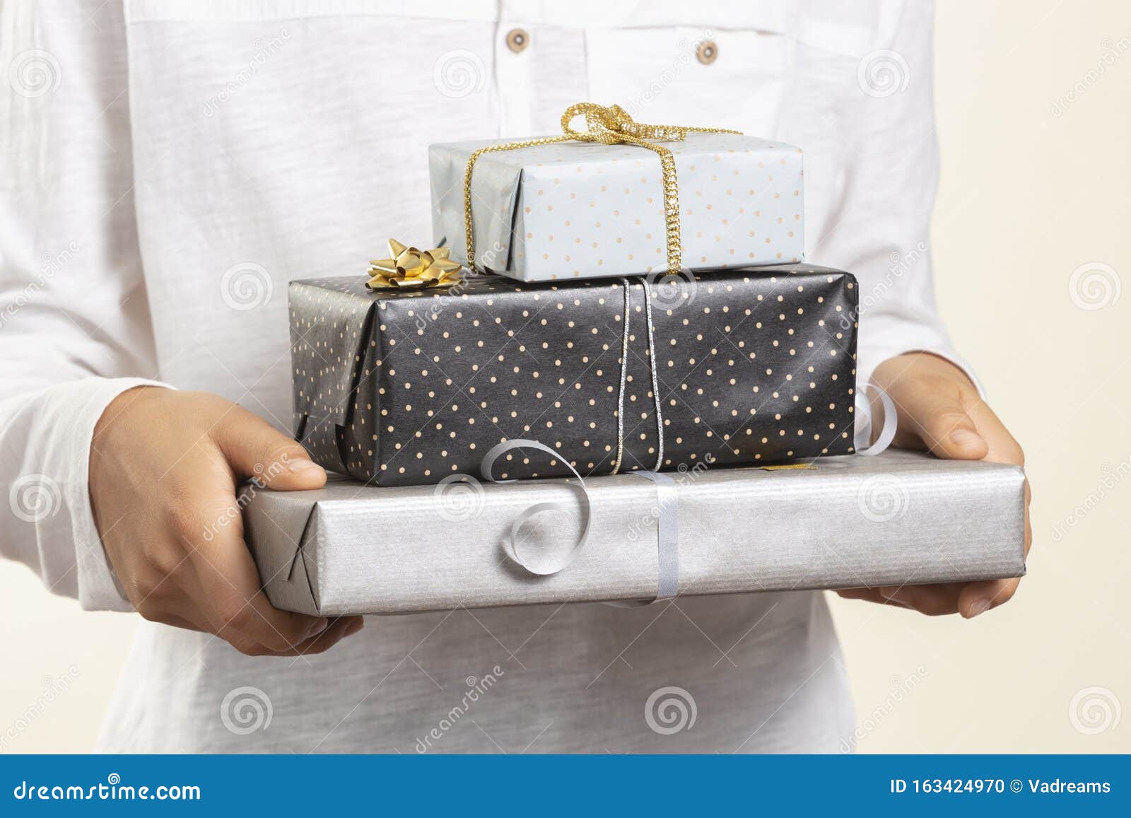 Kid Hands Holding Present Gift Boxes. Close Up Stock Photo - Image of ...