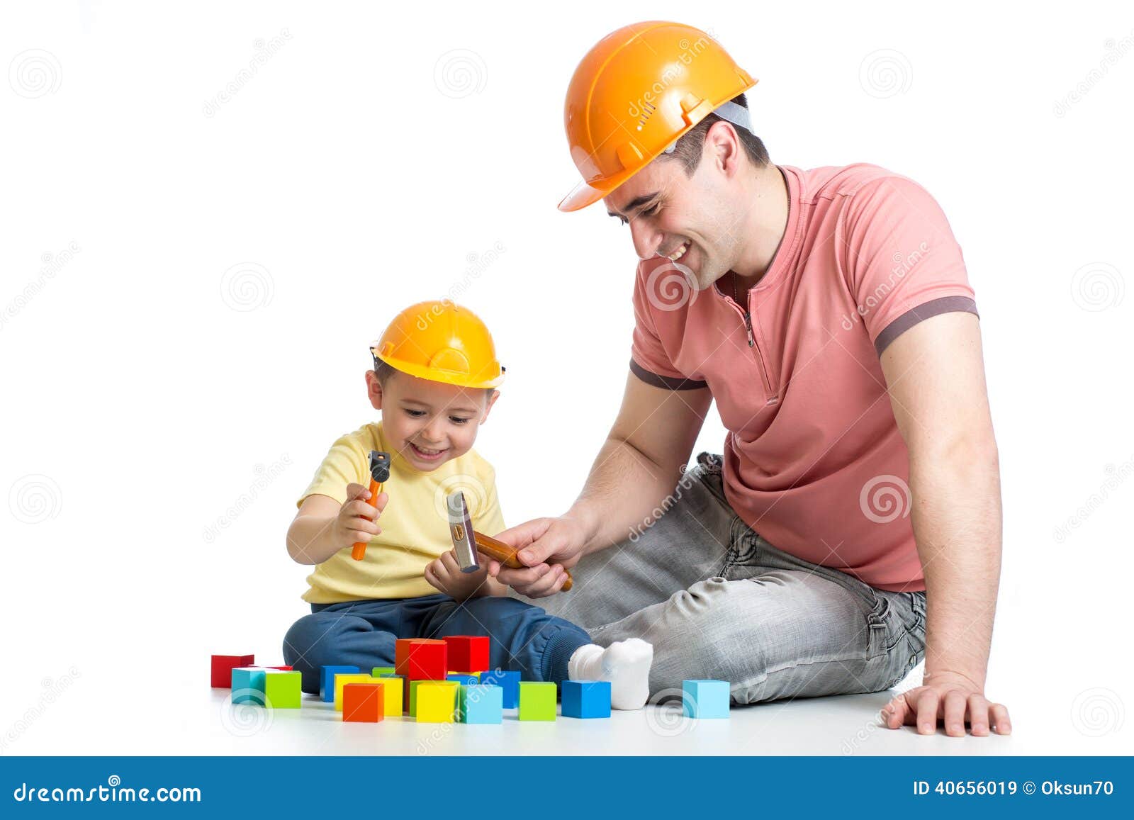 Kid and His Dad Play with Building Blocks Stock Image - Image of ...