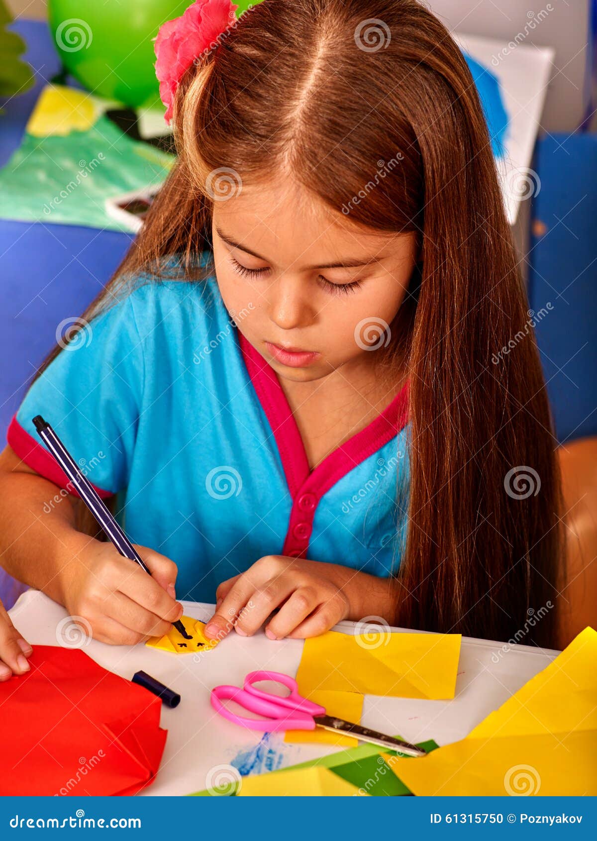 Kid Holding Colored Paper on Table in Kindergarten Stock Photo - Image ...