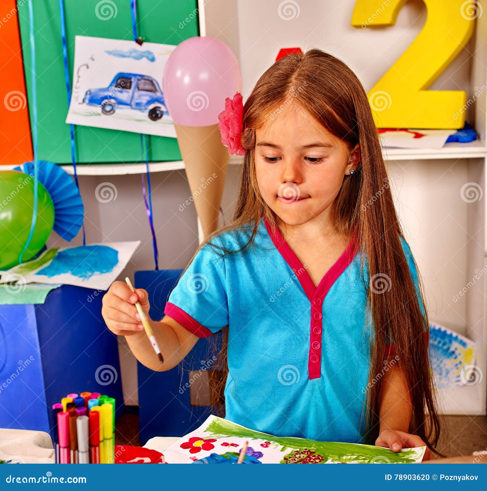 Kid Holding Colored Paper on Table in Kindergarten . Stock Photo ...