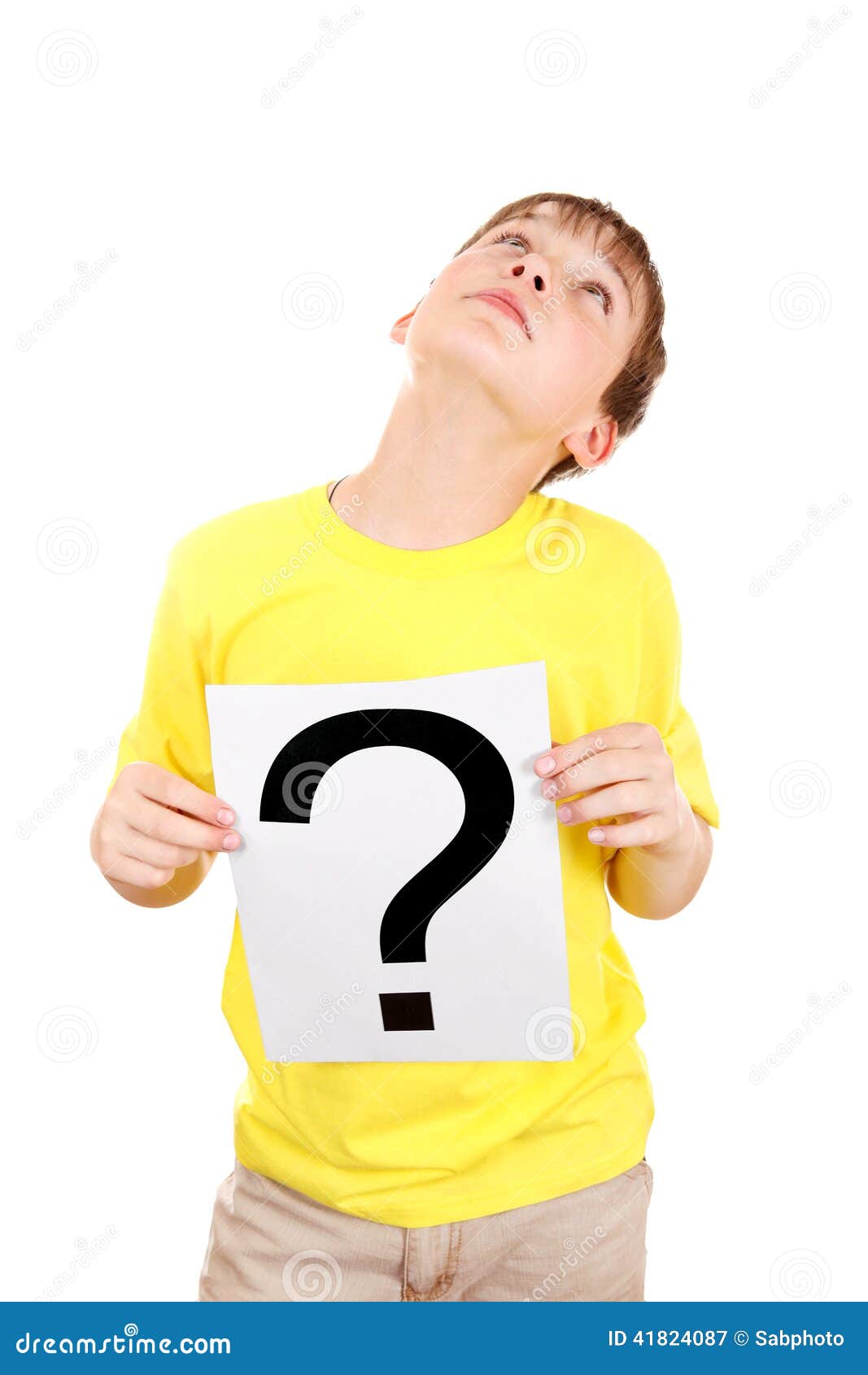 Kid holds Question Mark stock image. Image of pensive - 41824087