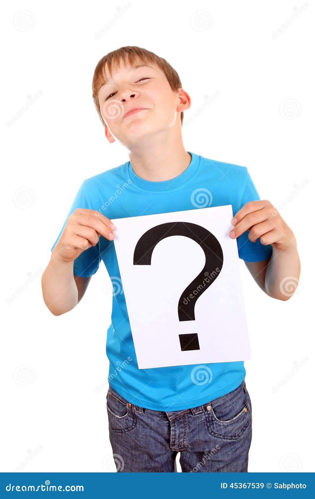 Kid holds Question Mark stock image. Image of plate, glad - 45367539