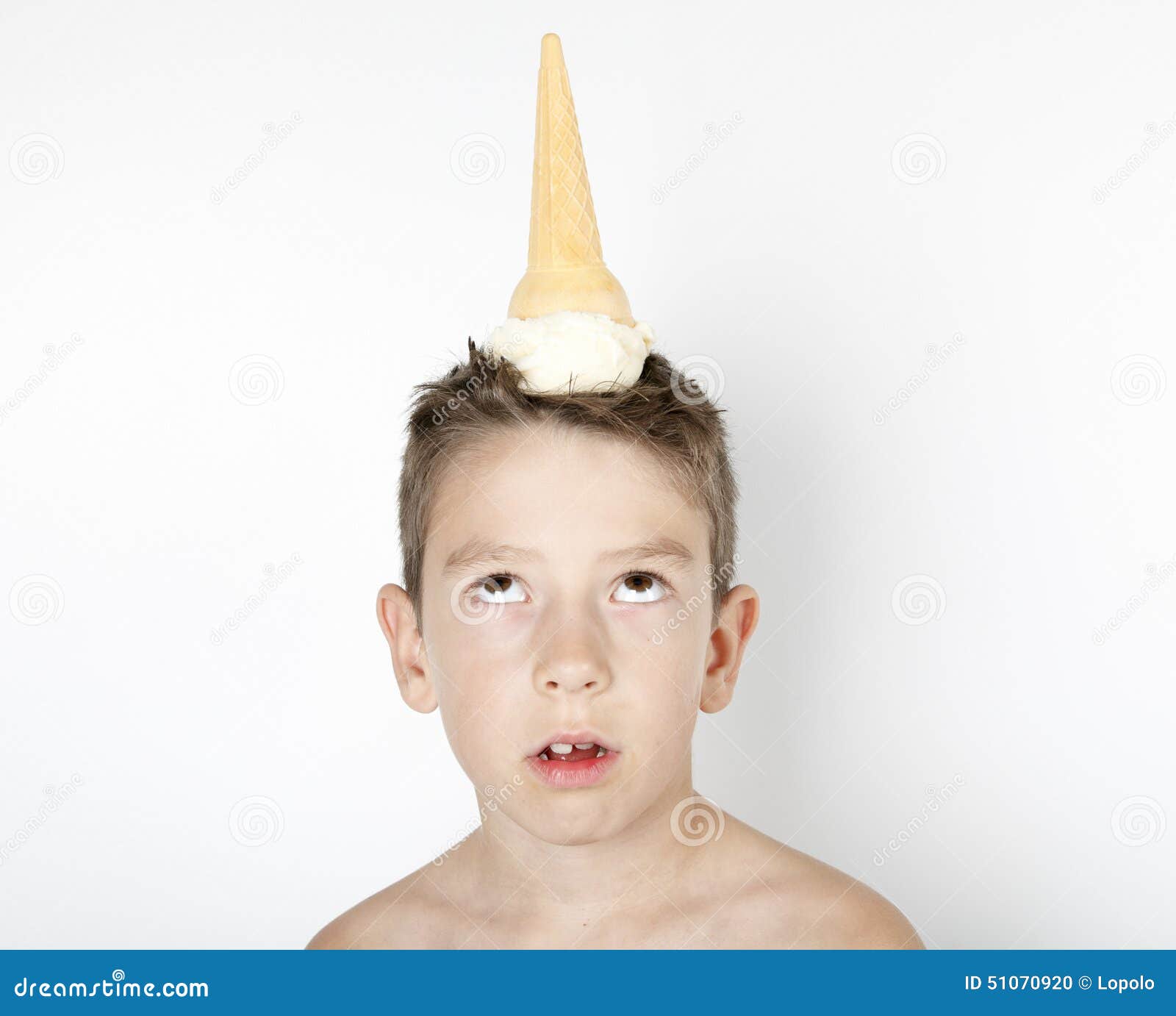Kid with Ice Cream on the Head Isolated on White Stock Photo - Image of ...